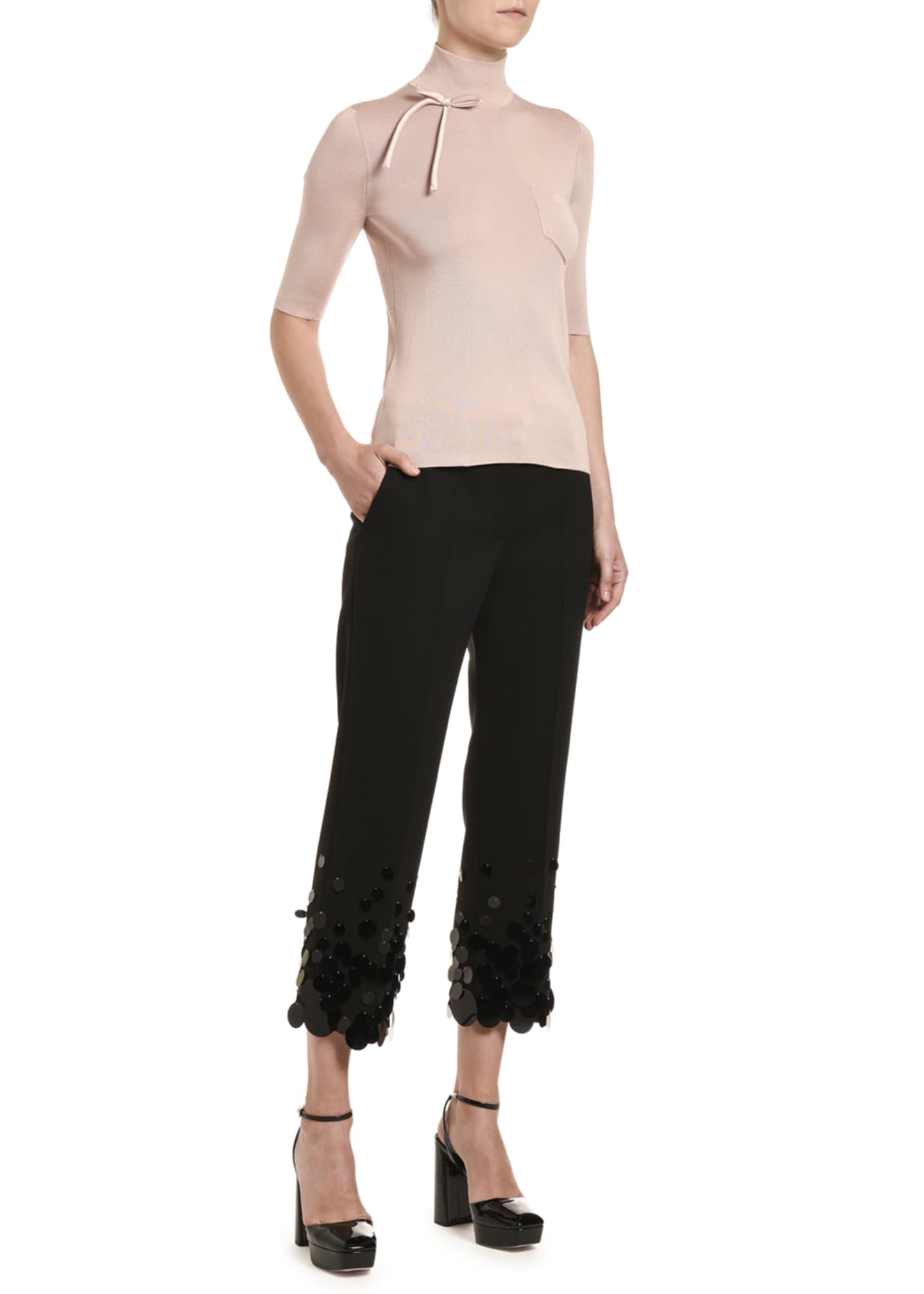 Prada High-Neck 1/2-Sleeve Top w/ Bow - Bergdorf Goodman