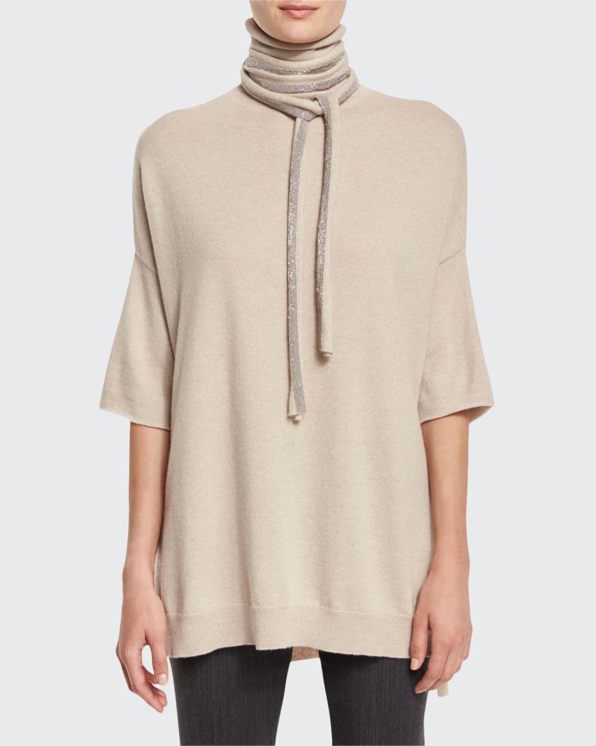 Brunello Cucinelli Short-Sleeve Tied Turtleneck Sweater, Grain