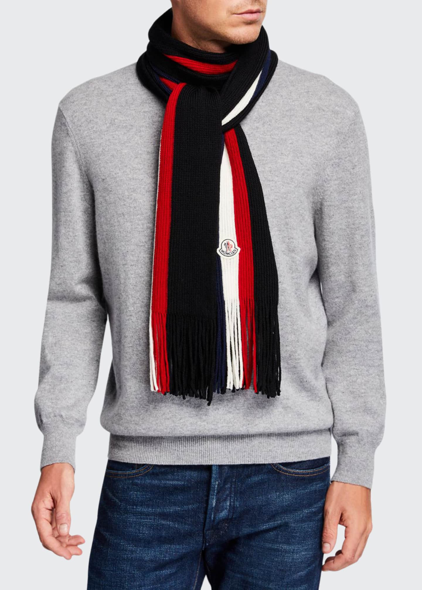 Moncler Men's Tricolor Logo-Patch Wool Scarf - Bergdorf Goodman