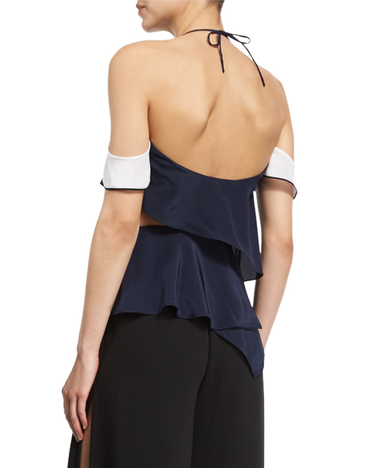 Jonathan Simkhai Silk Ruffle-Trim Halter Top, Navy