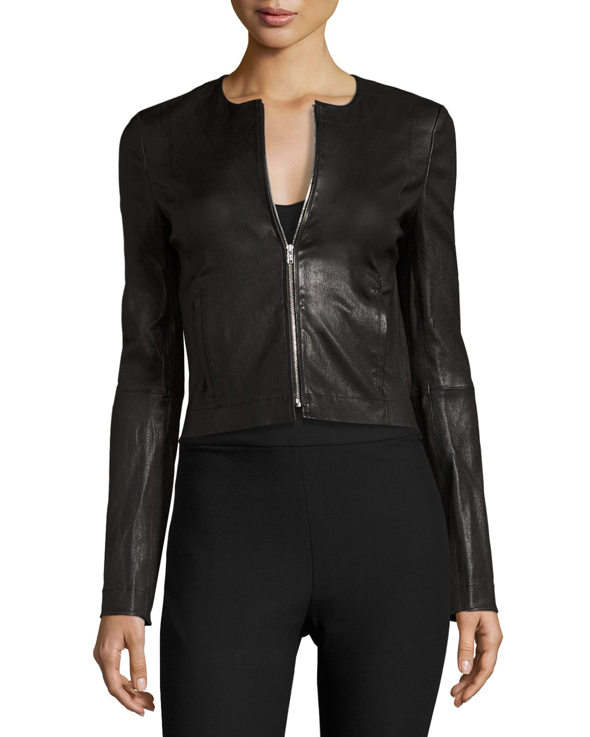 Elizabeth and James Helen Fitted Cropped Leather Jacket, Black