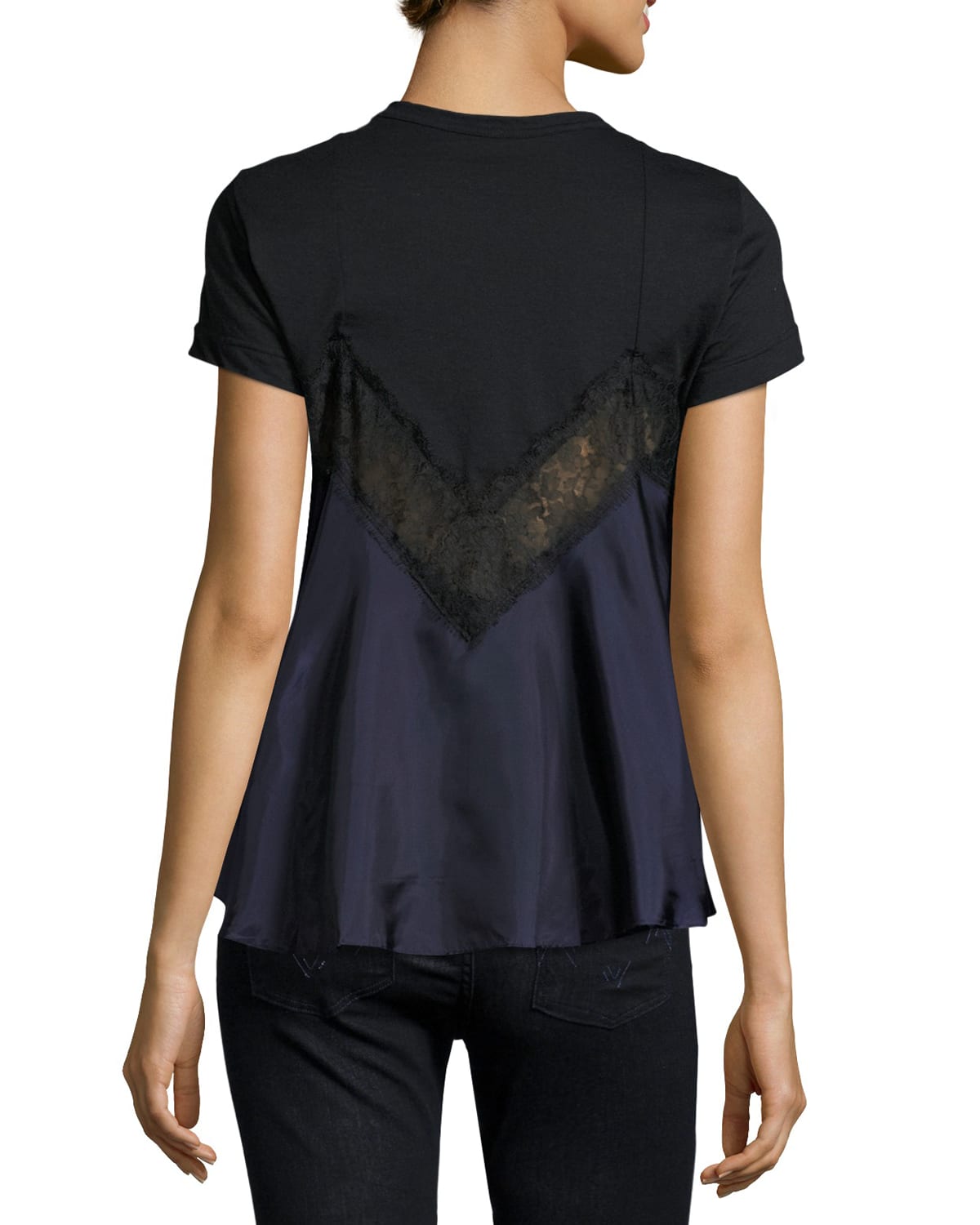 SACAI Short-Sleeve Lace Tee w/Satin Underlay, Black