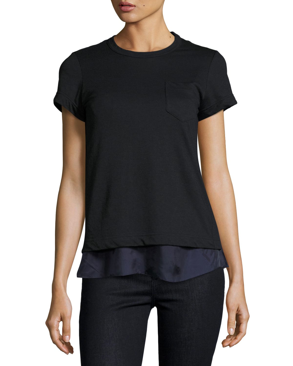 SACAI Short-Sleeve Lace Tee w/Satin Underlay, Black