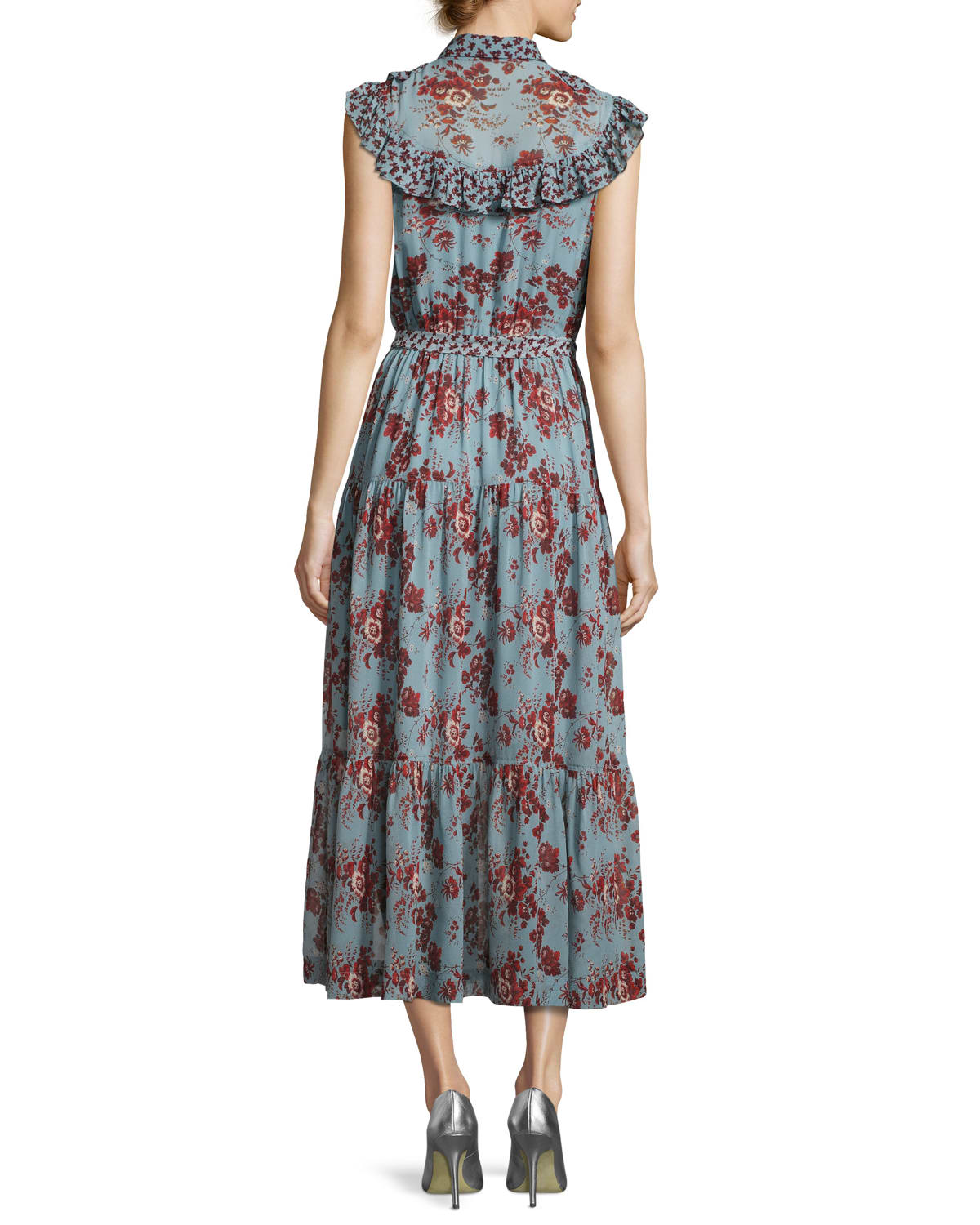 Robert Rodriguez Rose-Print Sleeveless Belted Dress with Ruffle Trim, Blue
