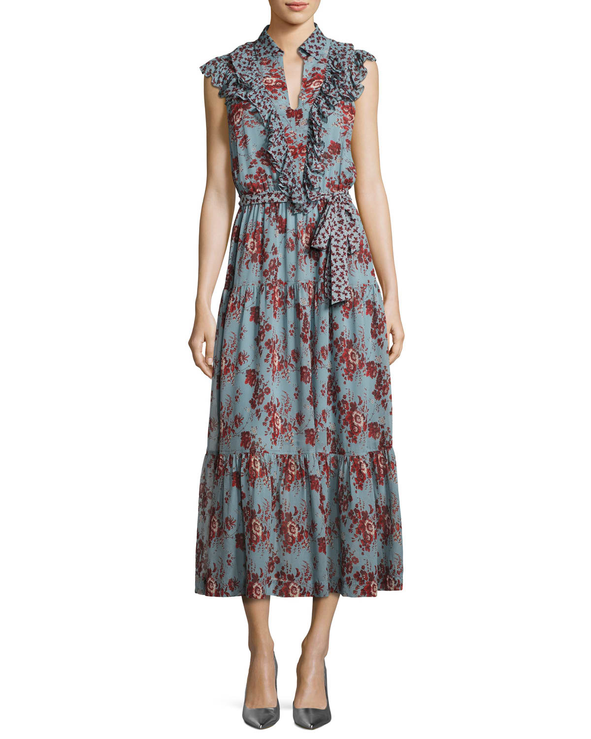 Robert Rodriguez Rose-Print Sleeveless Belted Dress with Ruffle Trim, Blue