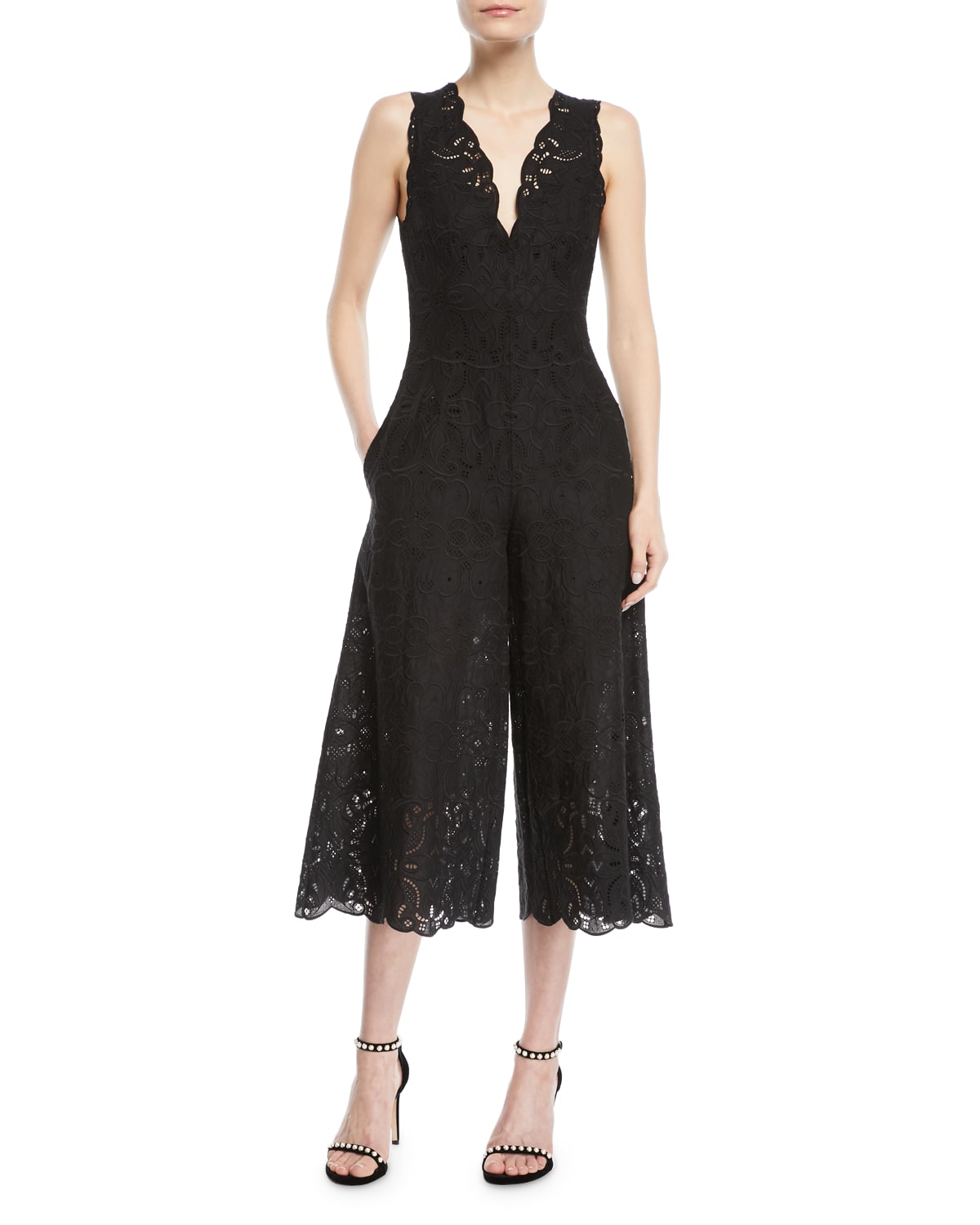 Jonathan Simkhai V-Neck Sleeveless Scallop Lace Wide-Leg Jumpsuit
