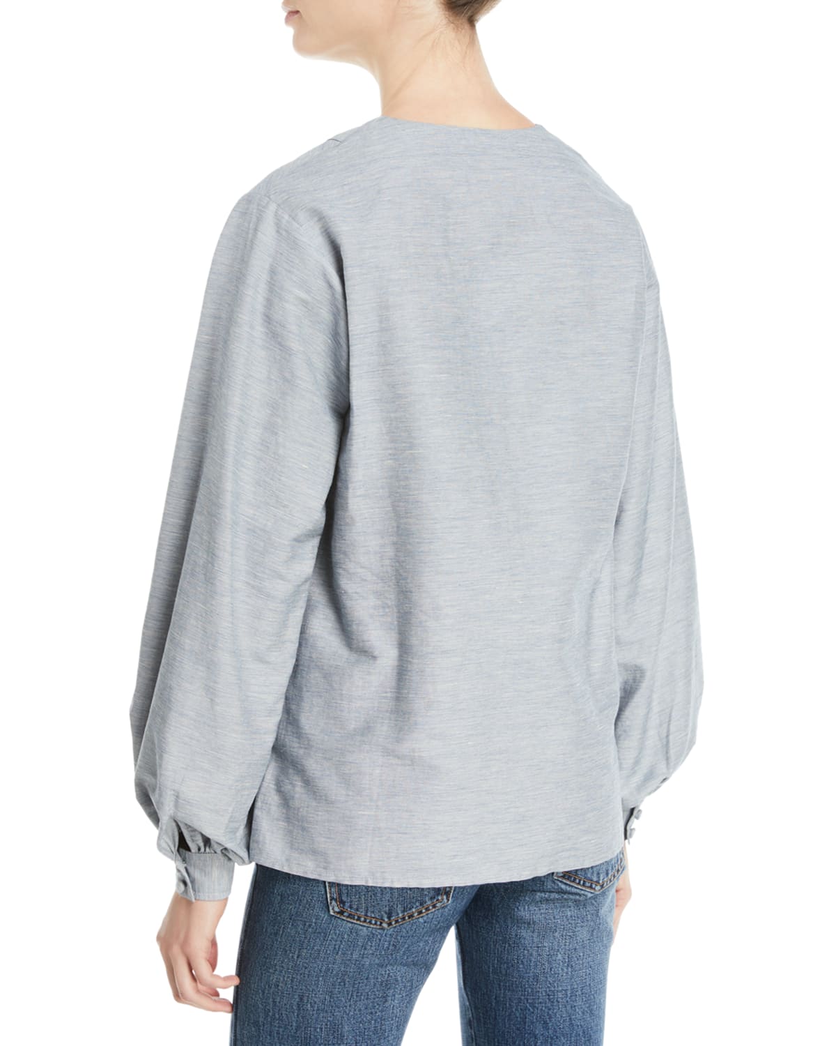 Co Split-Neck Bib Blouson-Sleeve Slub Linen Tunic