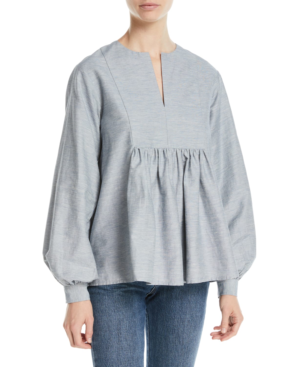 Co Split-Neck Bib Blouson-Sleeve Slub Linen Tunic