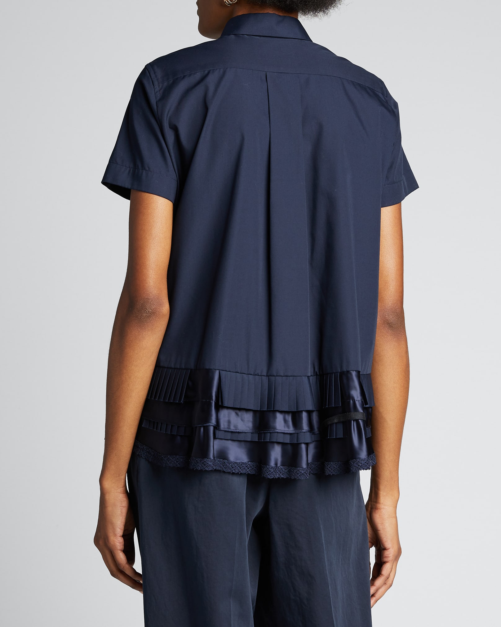 SACAI Short-Sleeve Button-Down Ruffled-Hem Shirt