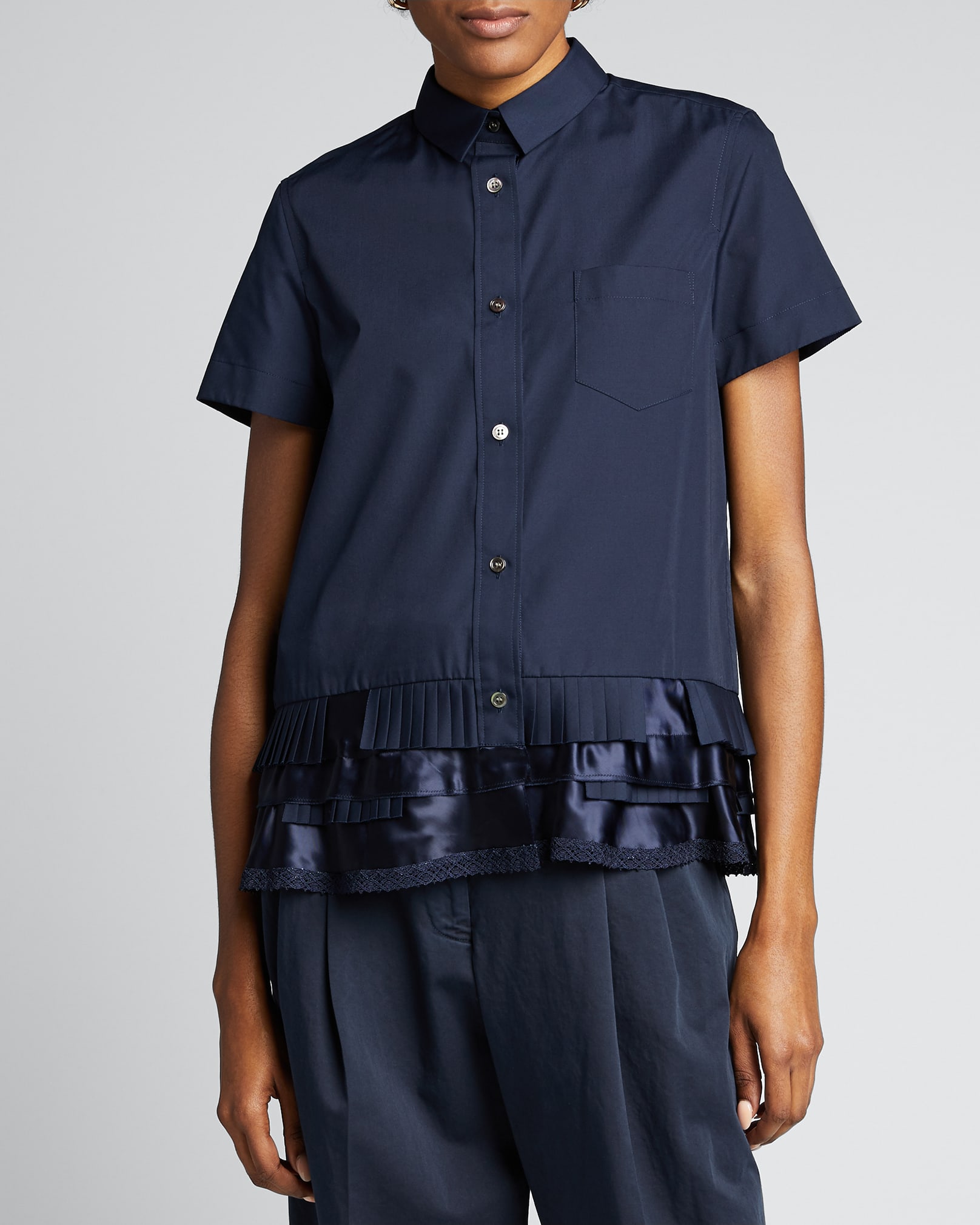 SACAI Short-Sleeve Button-Down Ruffled-Hem Shirt