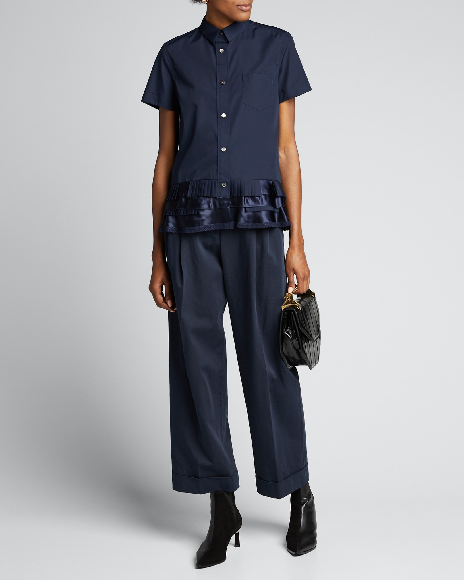 SACAI Short-Sleeve Button-Down Ruffled-Hem Shirt