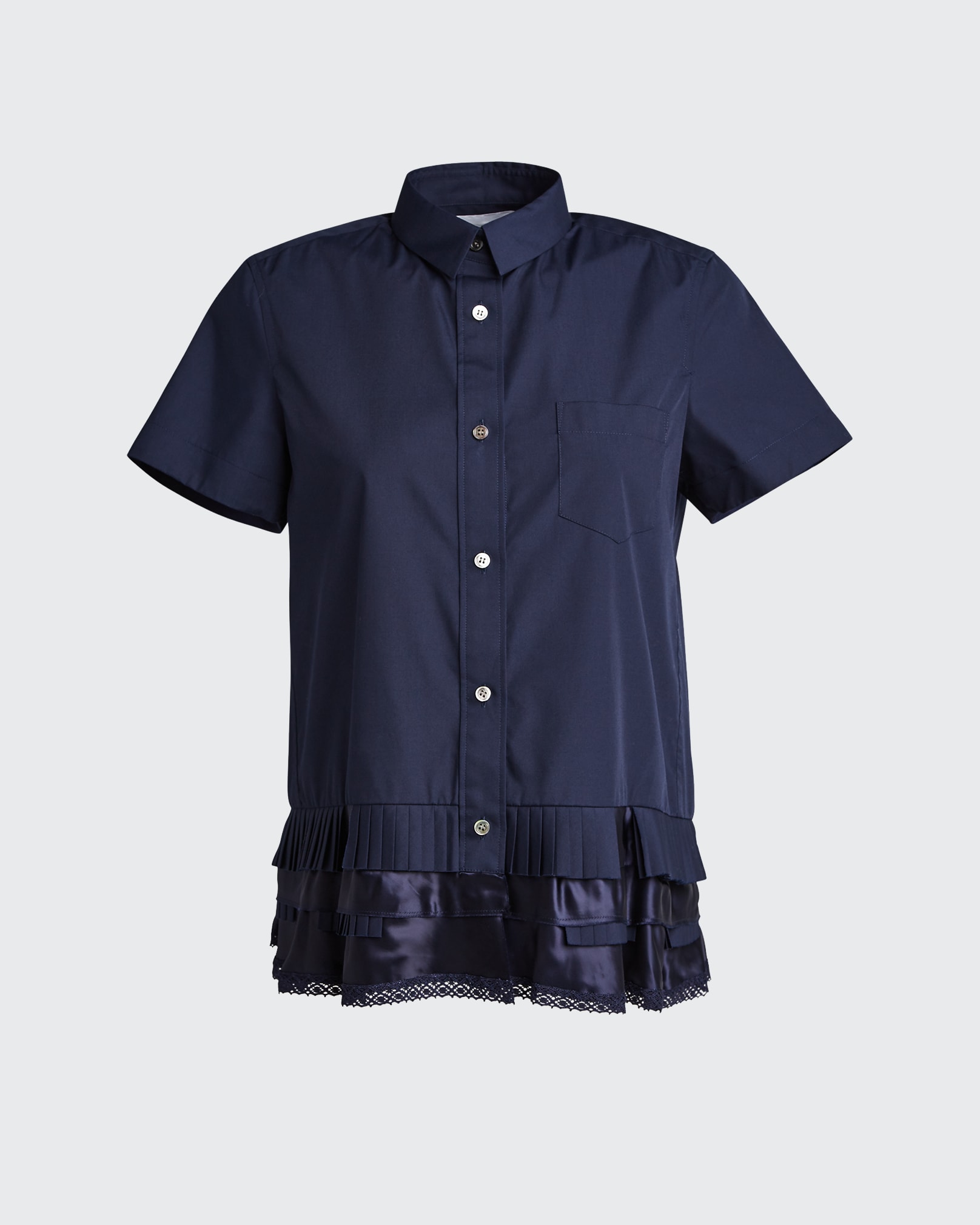 SACAI Short-Sleeve Button-Down Ruffled-Hem Shirt