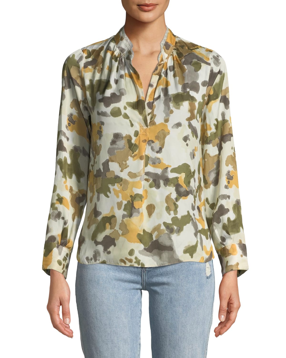 Zadig & Voltaire Tink Camo-Print Satin Long-Sleeve Blouse