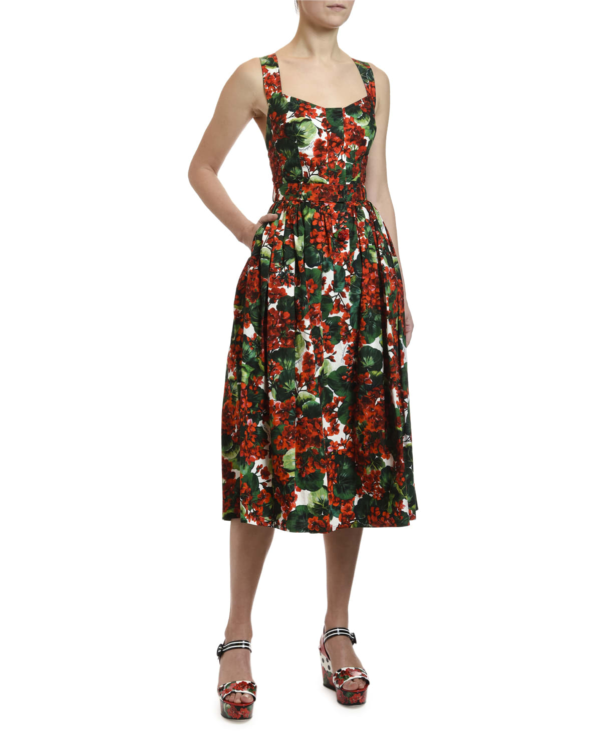 Dolce&Gabbana Geranium Print Cotton Midi Dress
