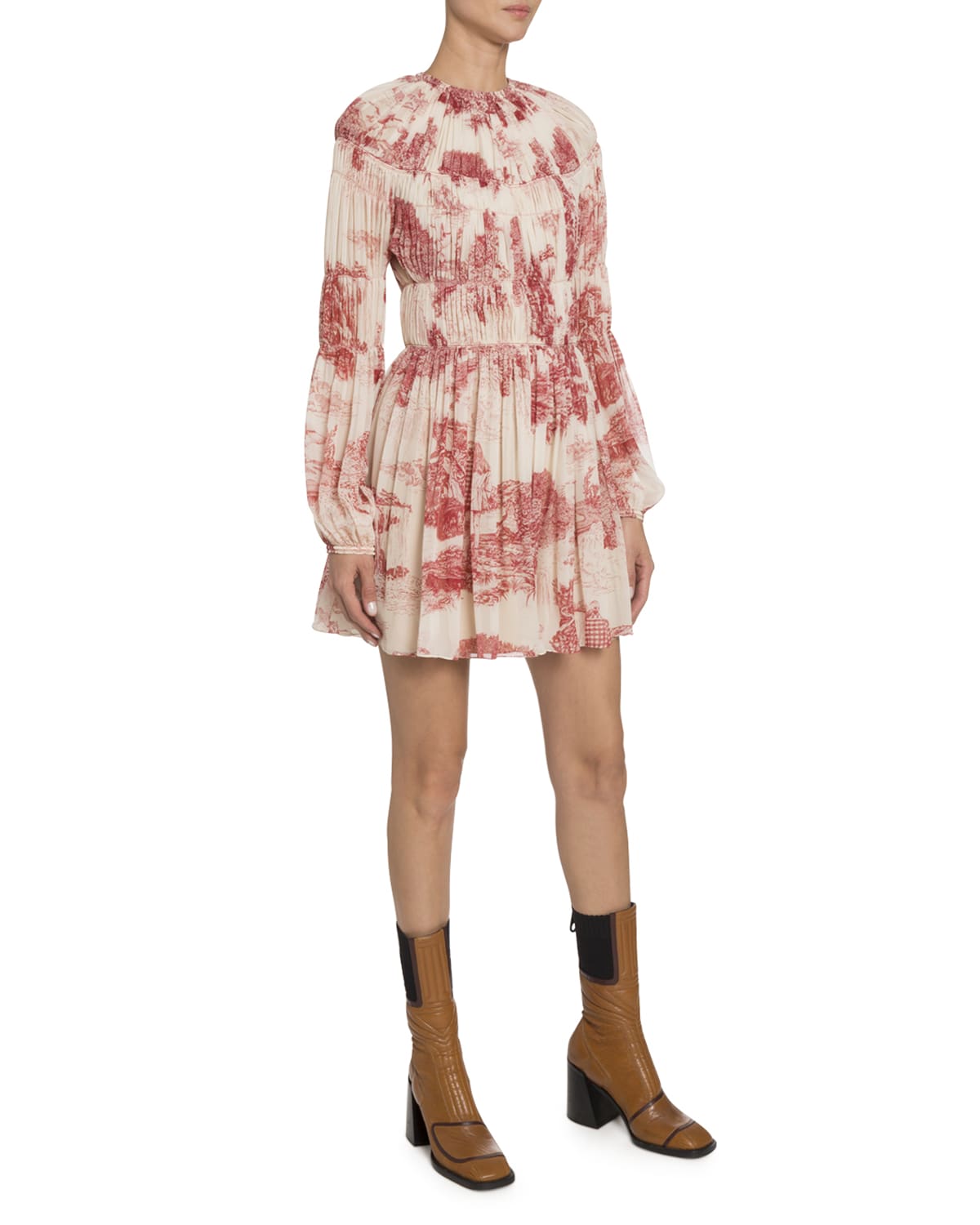Chloe Long-Sleeve Toile-Print Chiffon Dress
