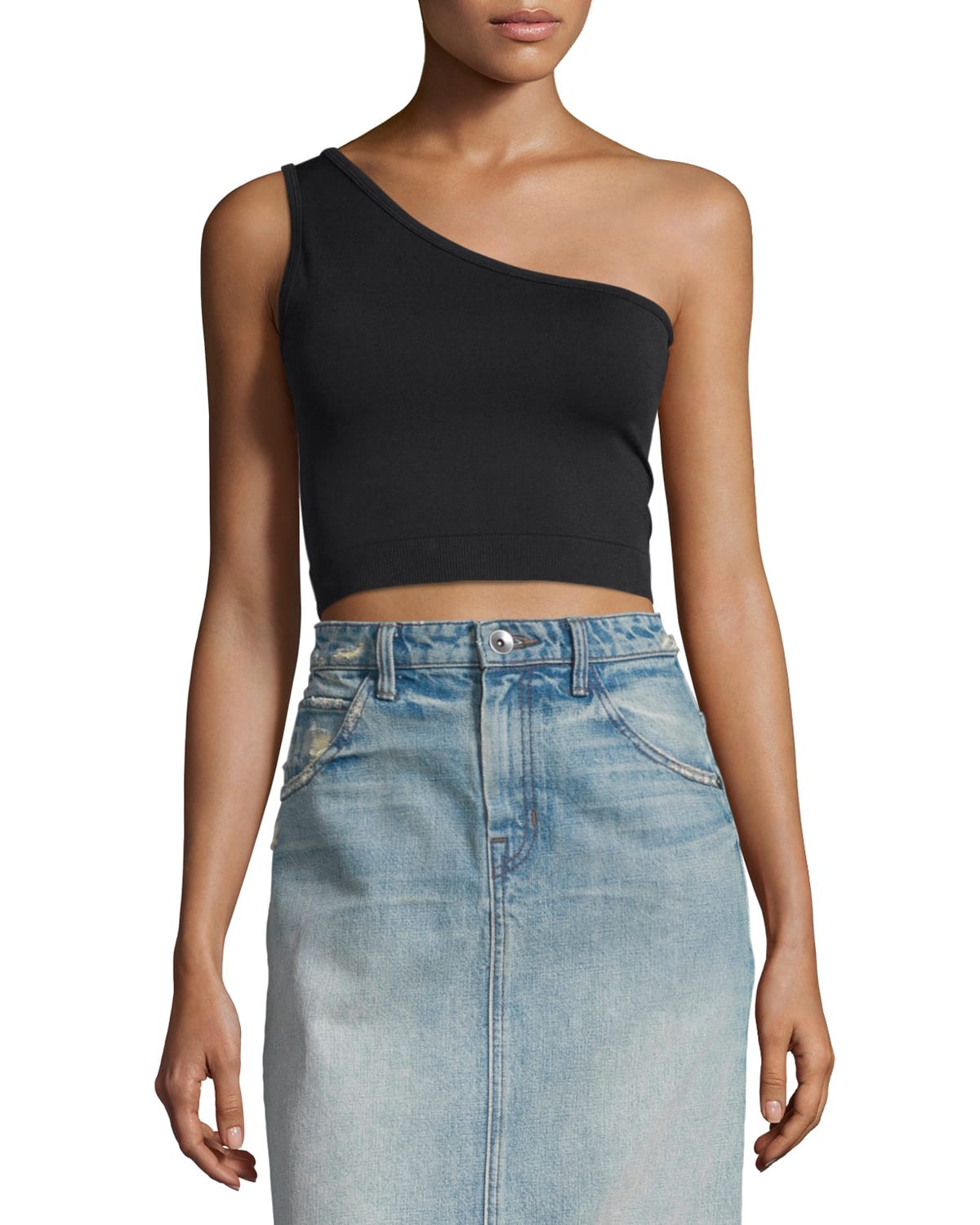 Helmut Lang One-Shoulder Cropped Stretch-Knit Bra Top, Optic White