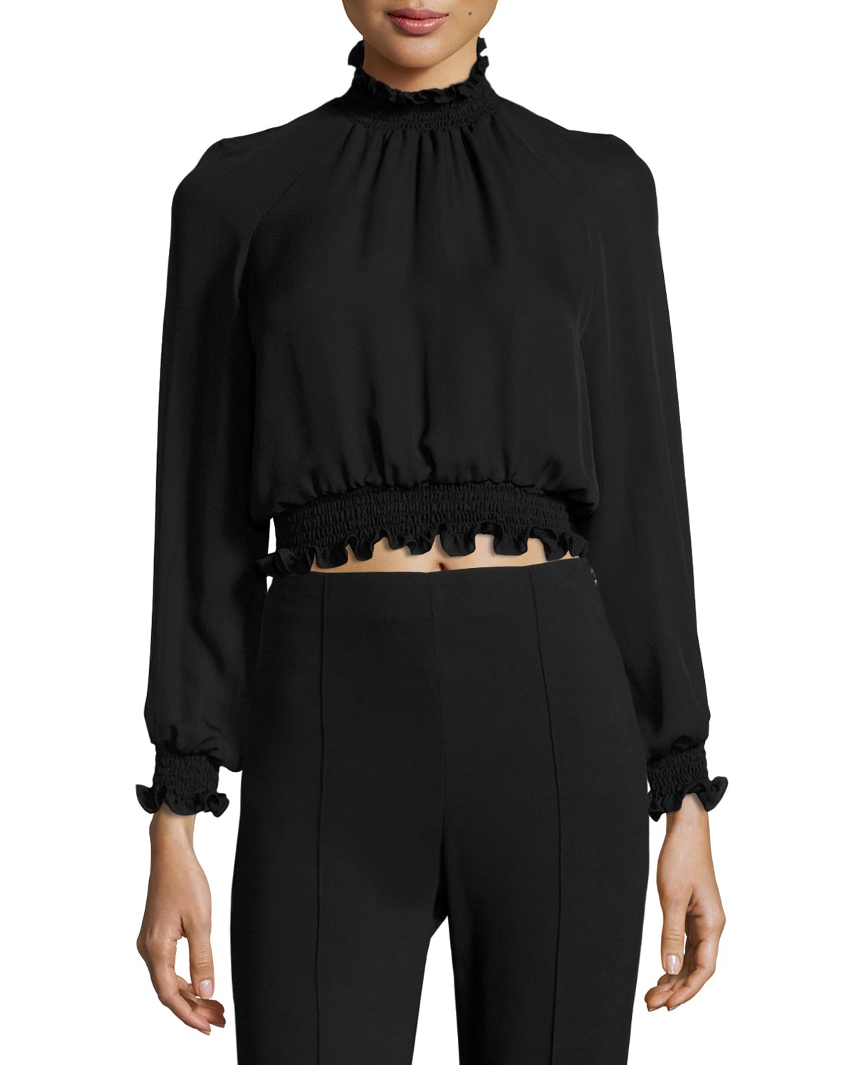 cinq a sept Hera Cropped Frill Silk Blouse, Black