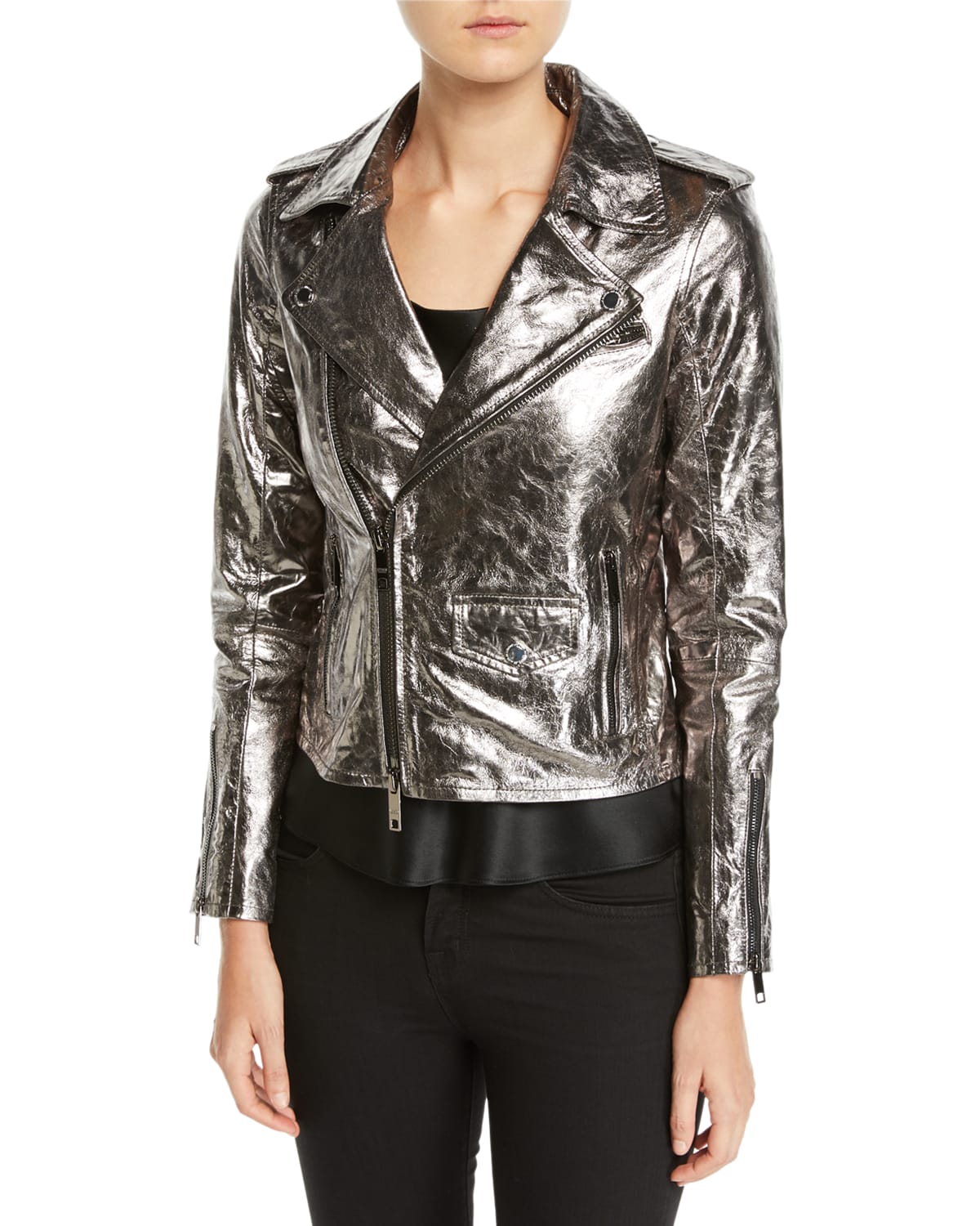 Hudson Metallic Zip-Front Leather Moto Jacket