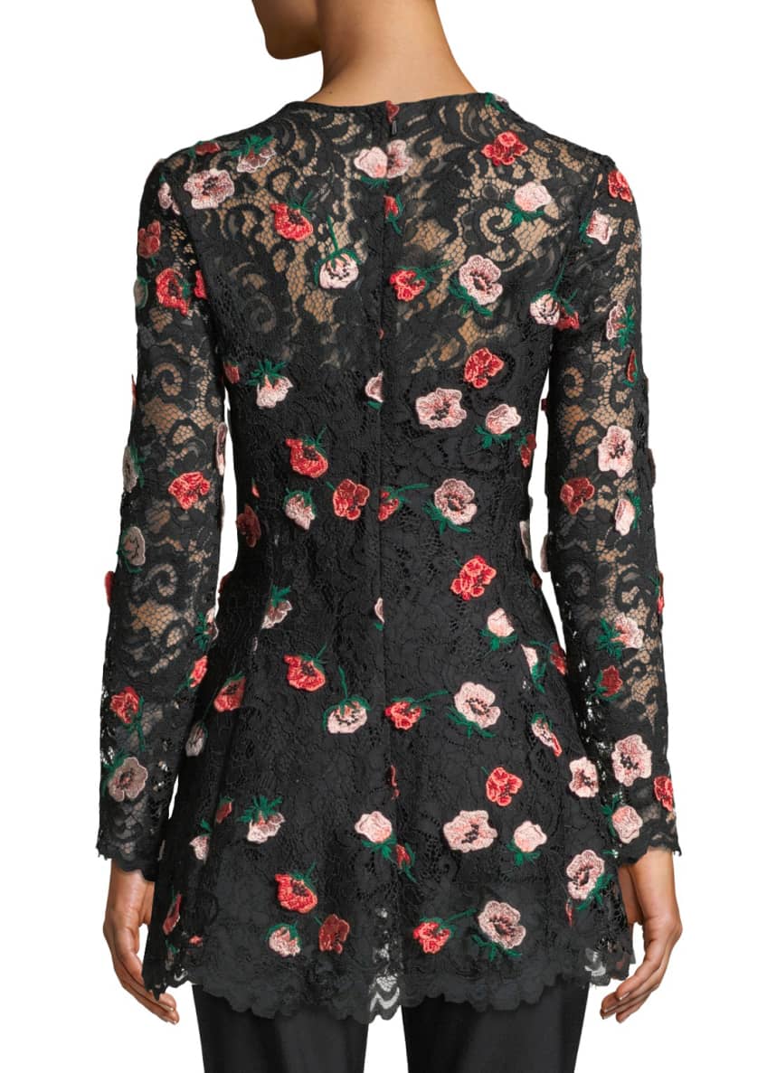 Lela Rose Long-Sleeve Fit-and-Flare Floral-Appliques Lace Top and ...