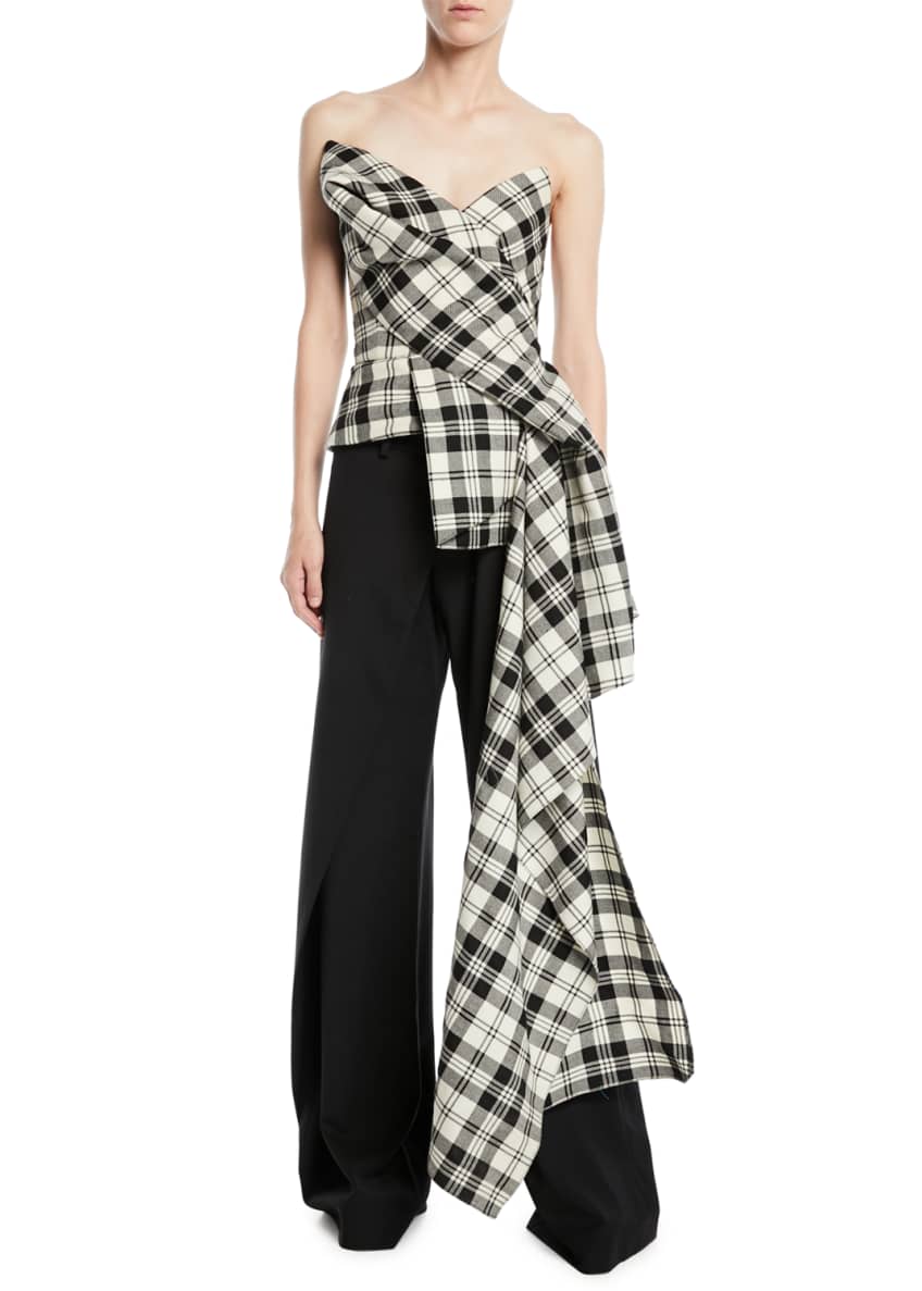 Monse Sweetheart-Neck Exaggerated Side-Drape Plaid Corset Top and ...