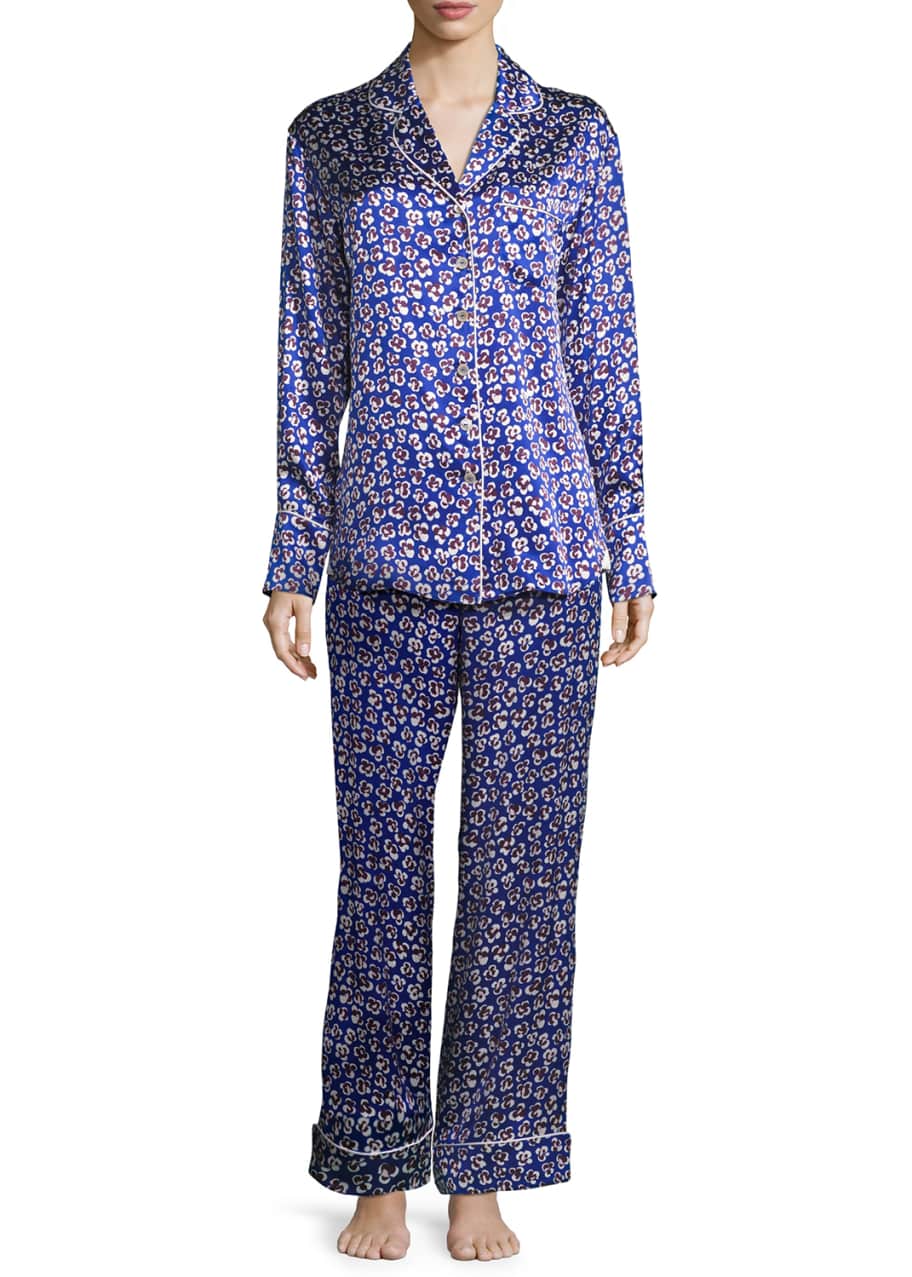 Olivia Von Halle Lila Elsa Floral Print Silk Pajama Set Blue Pattern
