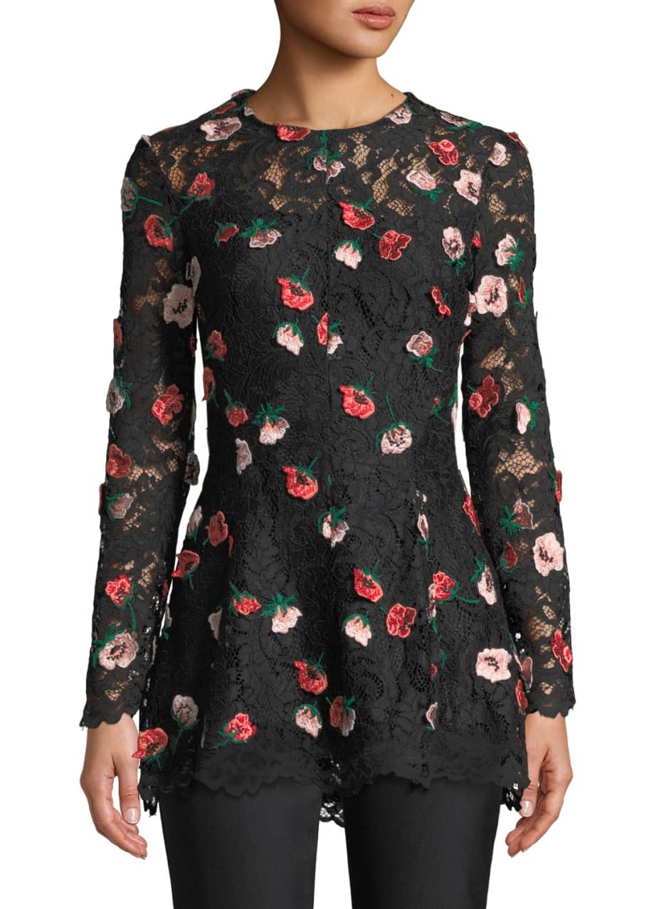 Lela Rose Long-Sleeve Fit-and-Flare Floral-Appliques Lace Top ...
