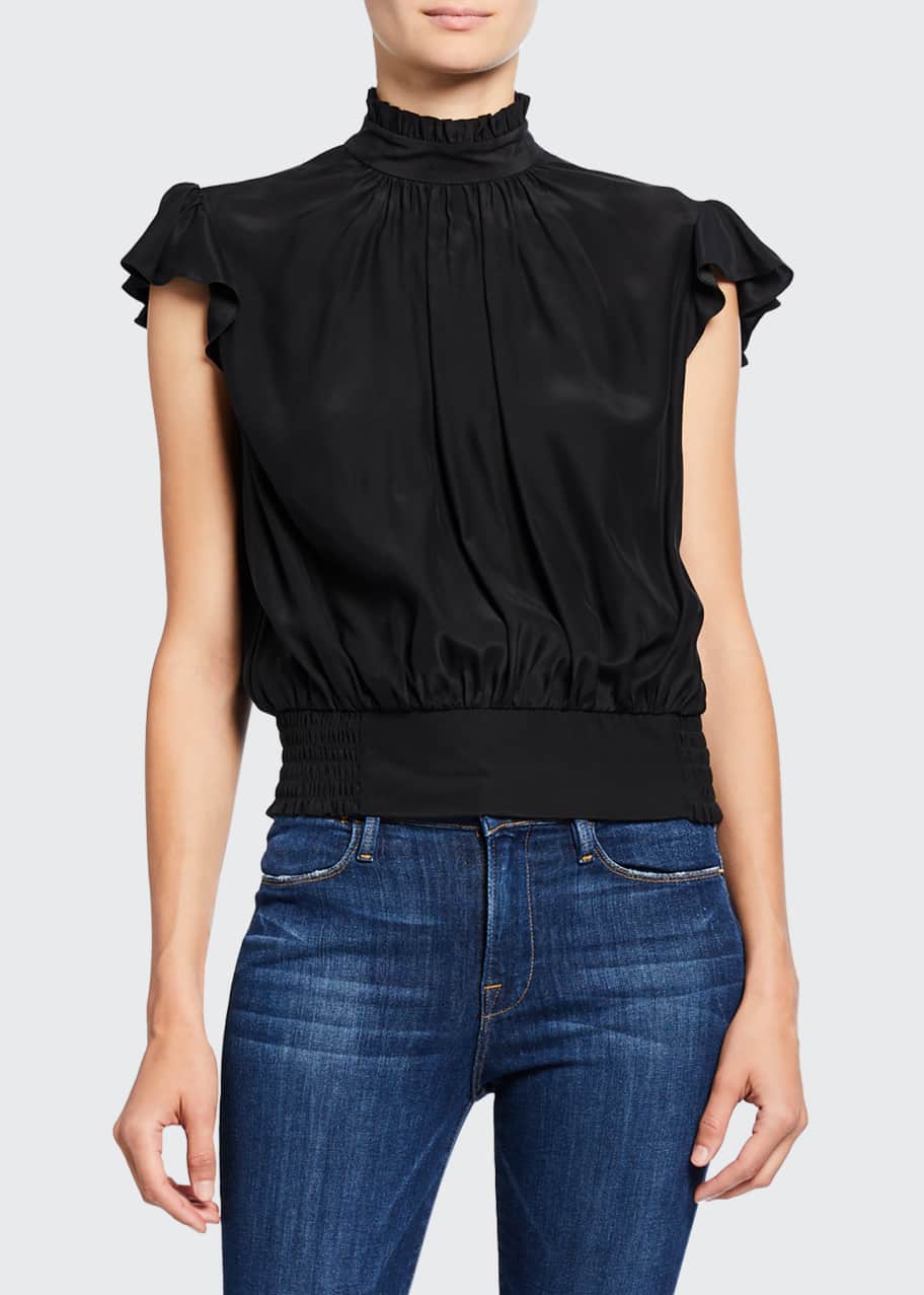 FRAME Mock-Neck Cap-Sleeve Smocked Ruffle Top - Bergdorf Goodman