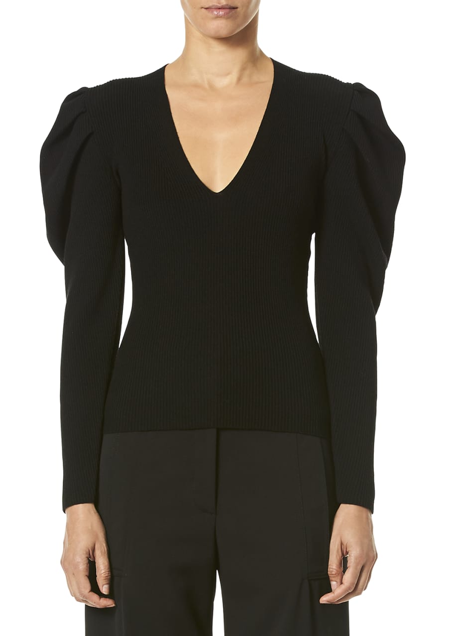 Carolina Herrera V-Neck Puff-Sleeve Fitted Knit Pullover Sweater ...