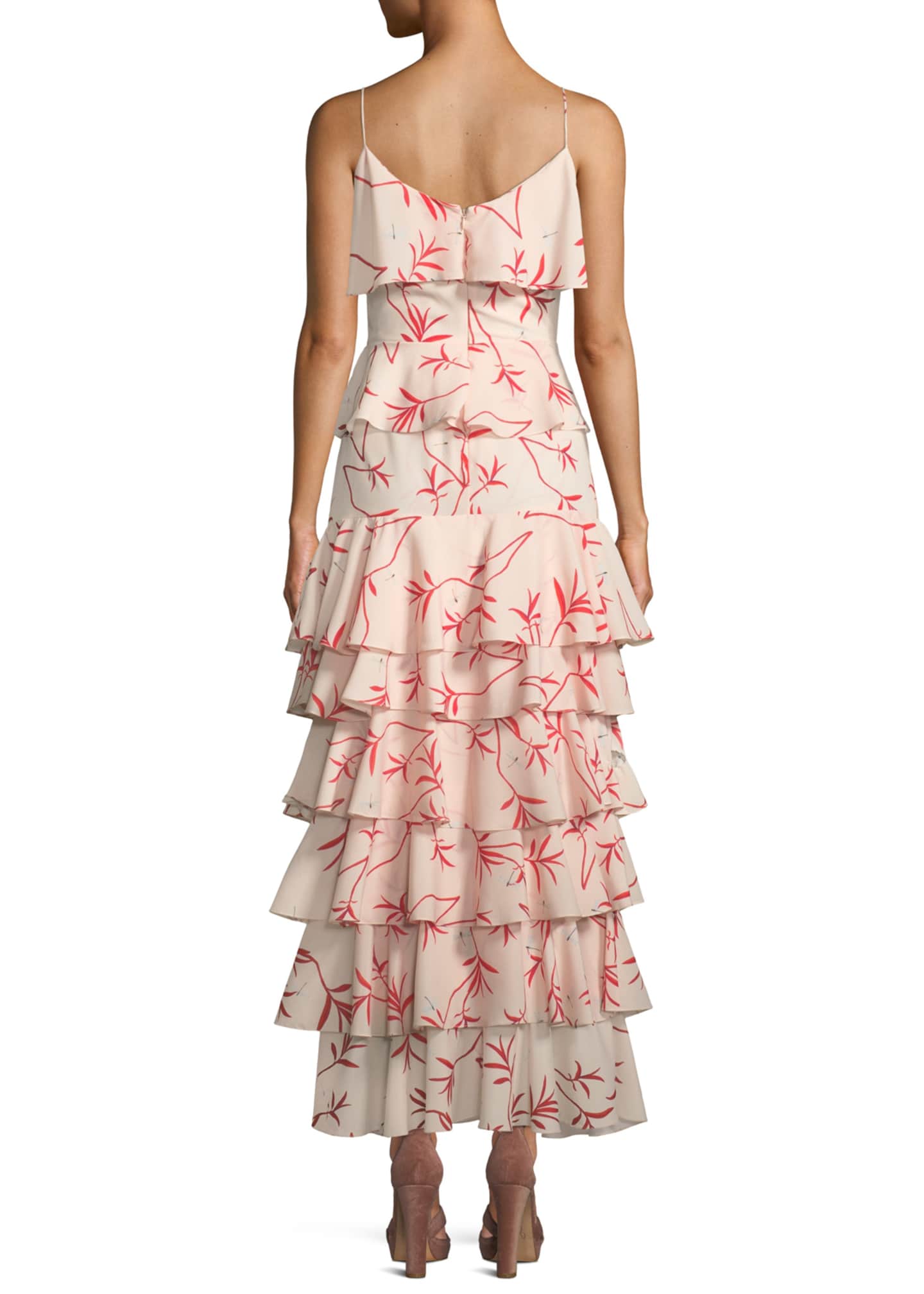 Borgo de Nor V-Neck Sleeveless Firefly-Print Tiered Ruffle Gown ...