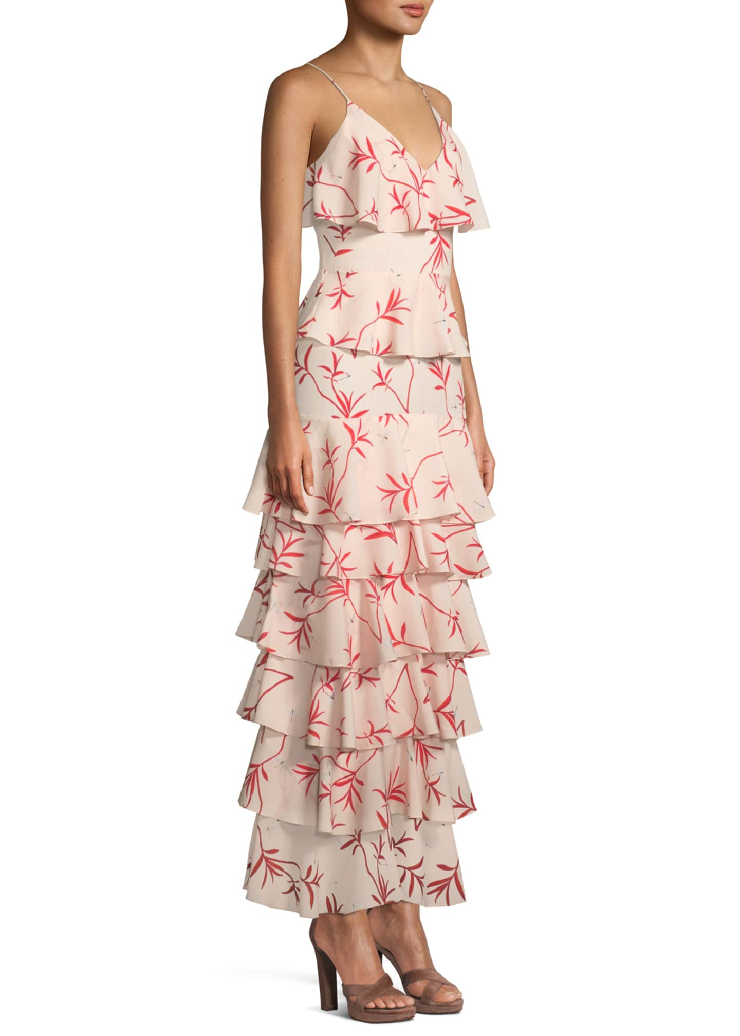 Borgo de Nor V-Neck Sleeveless Firefly-Print Tiered Ruffle Gown ...