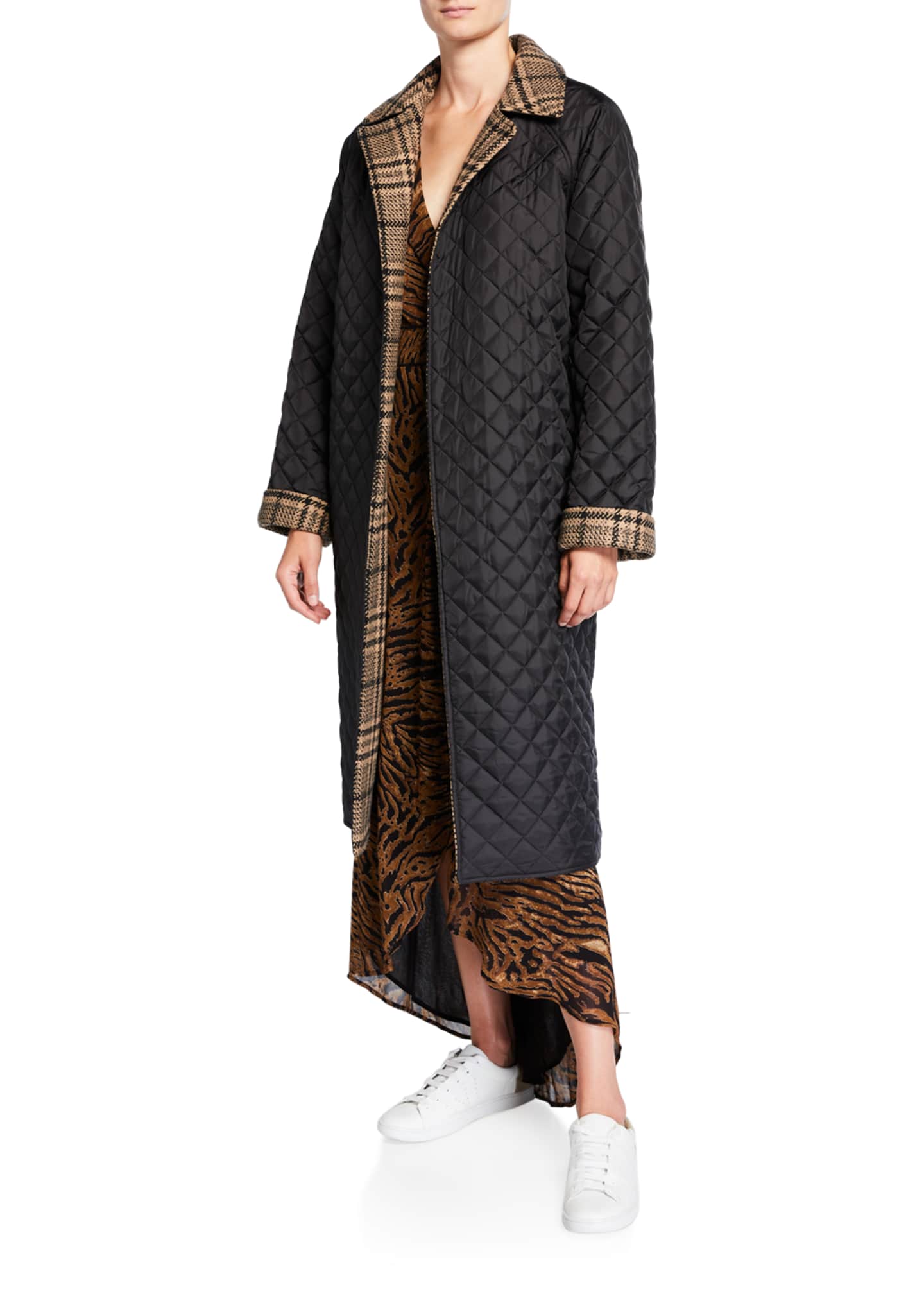 Ganni Reversible Quilted Check Tech Wool Coat - Bergdorf Goodman