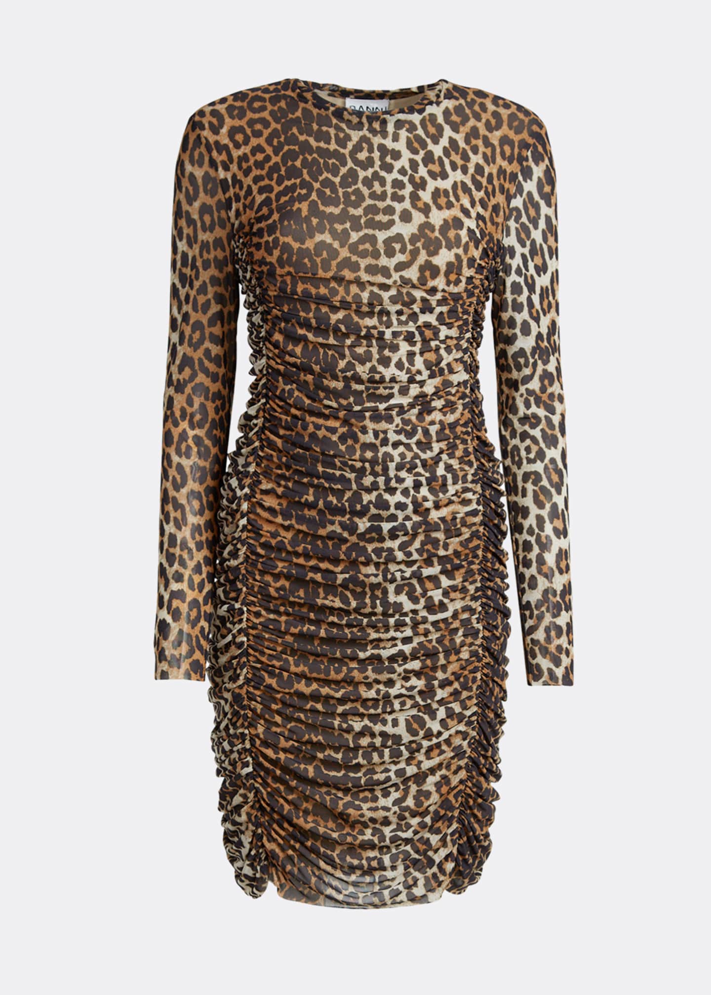 Ganni Leopard-Print Ruched Mesh Long-Sleeve Dress - Bergdorf Goodman
