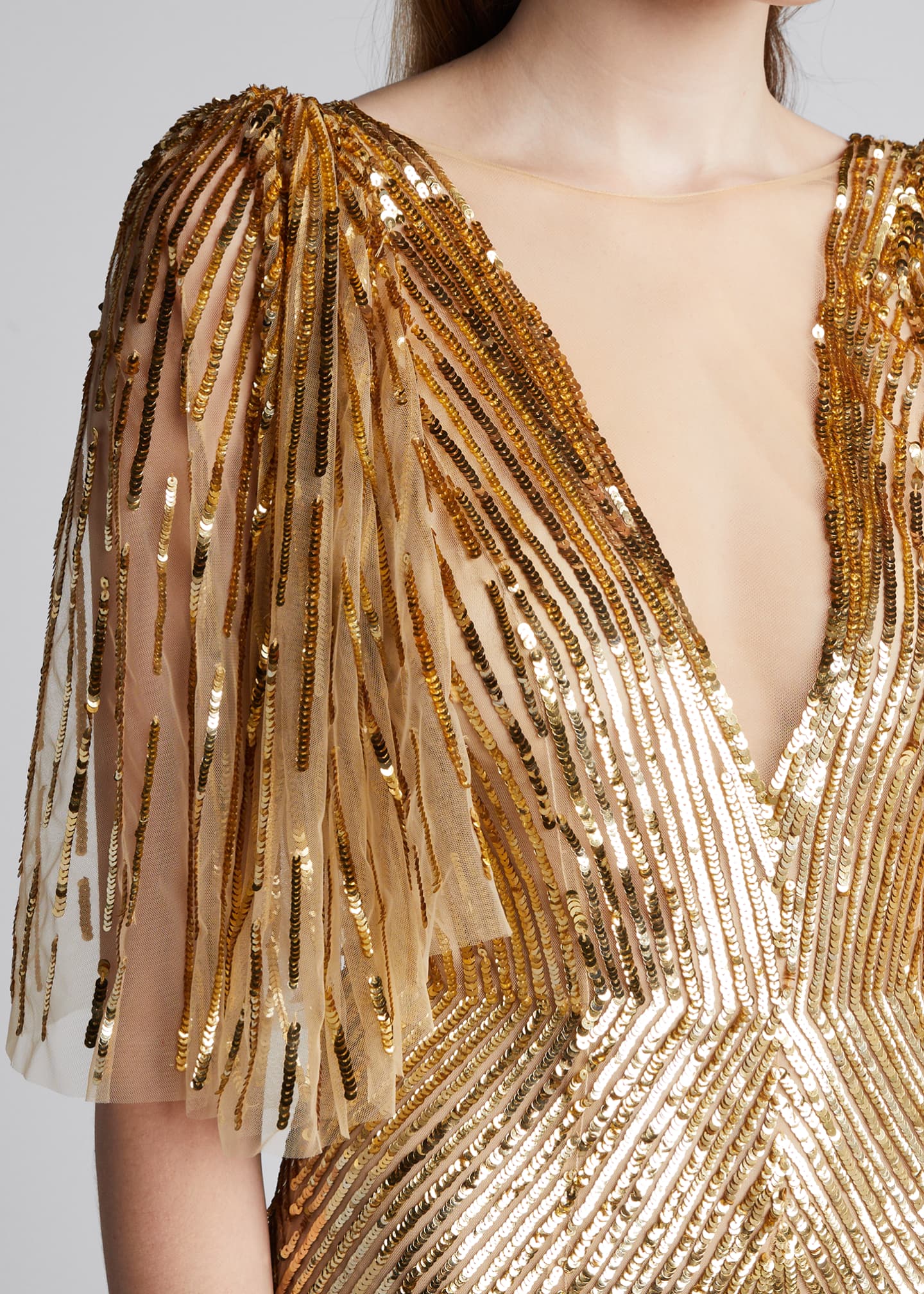 Monique Lhuillier Tulle Ruffled-Sleeve V-Neck Gown - Bergdorf Goodman