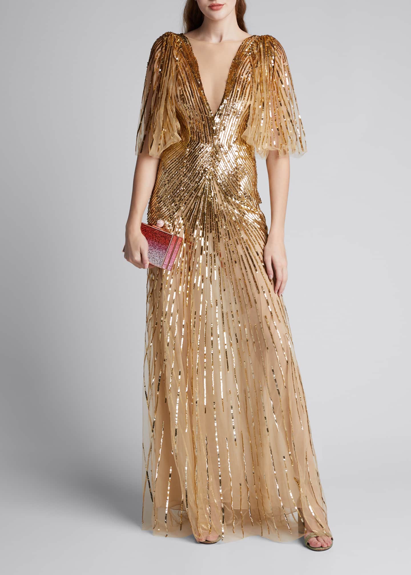 Monique Lhuillier Tulle Ruffled-Sleeve V-Neck Gown - Bergdorf Goodman