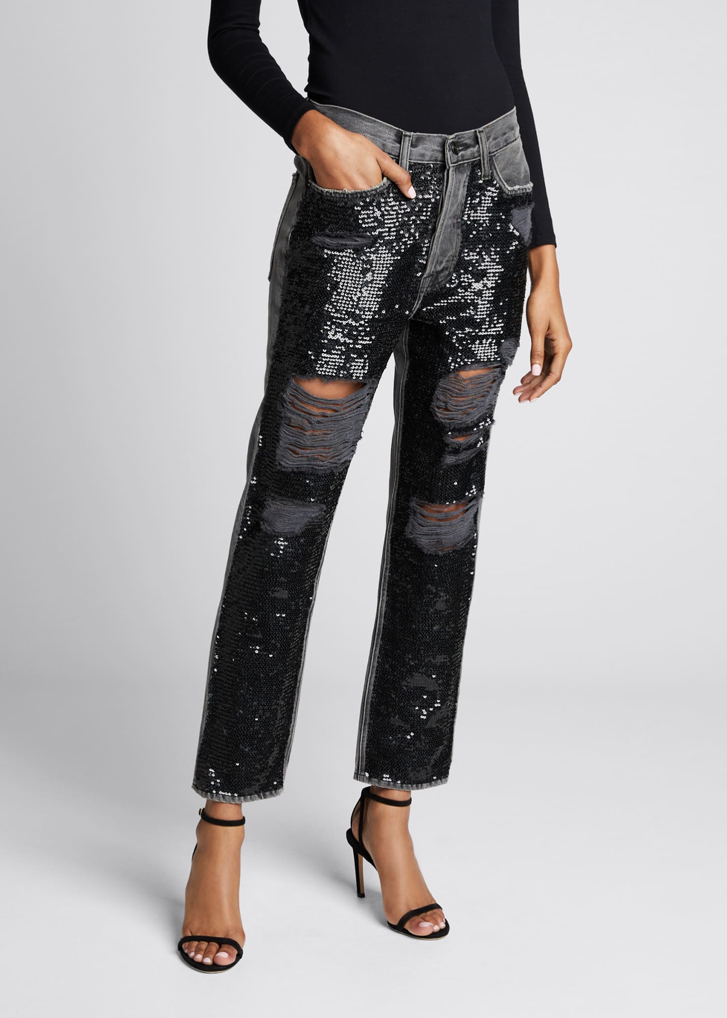 FRAME Sequined Distressed Straight-Leg Jeans - Bergdorf Goodman