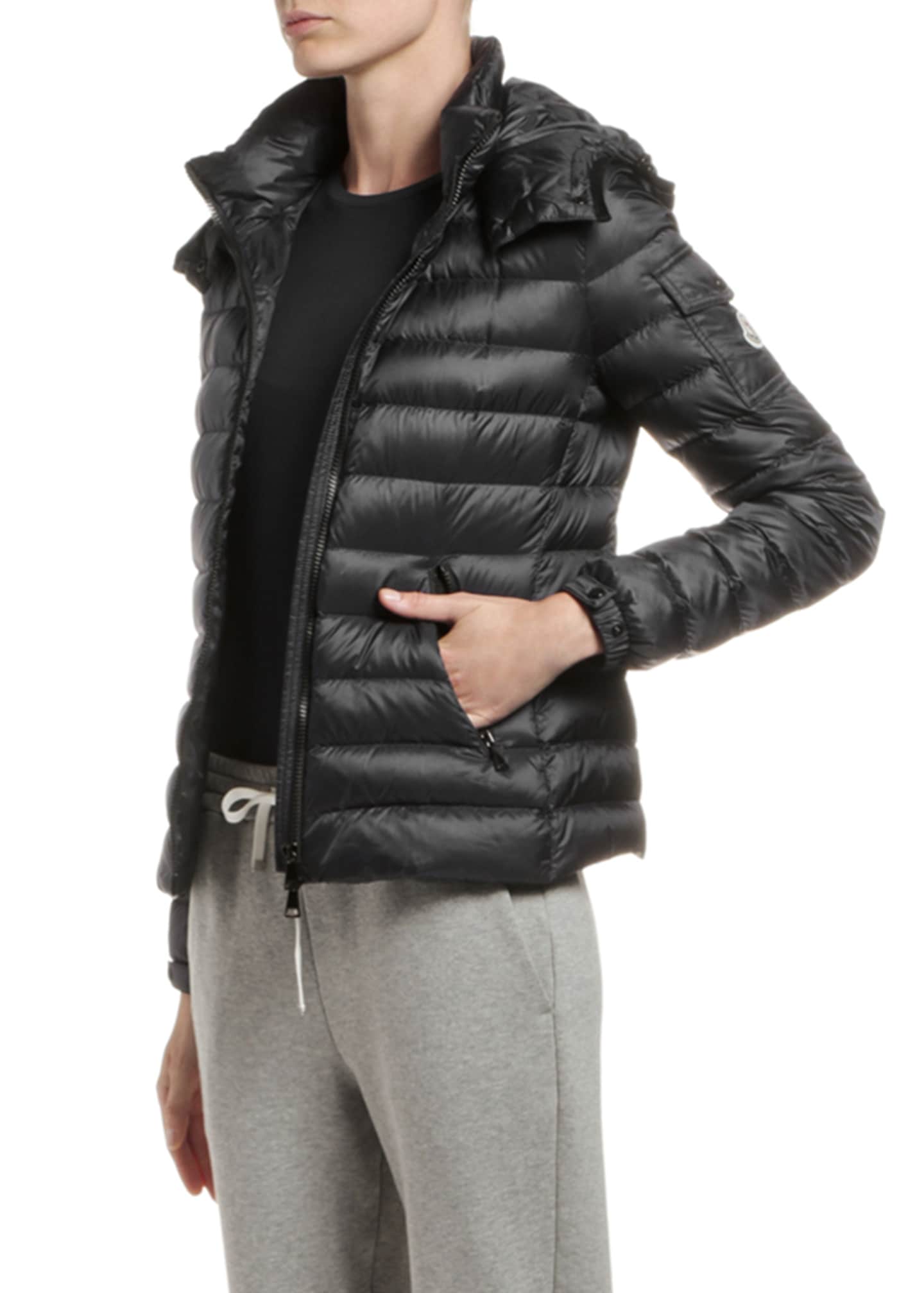 Moncler Bleu Fitted Puffer Coat w/ Detachable Hood - Bergdorf Goodman