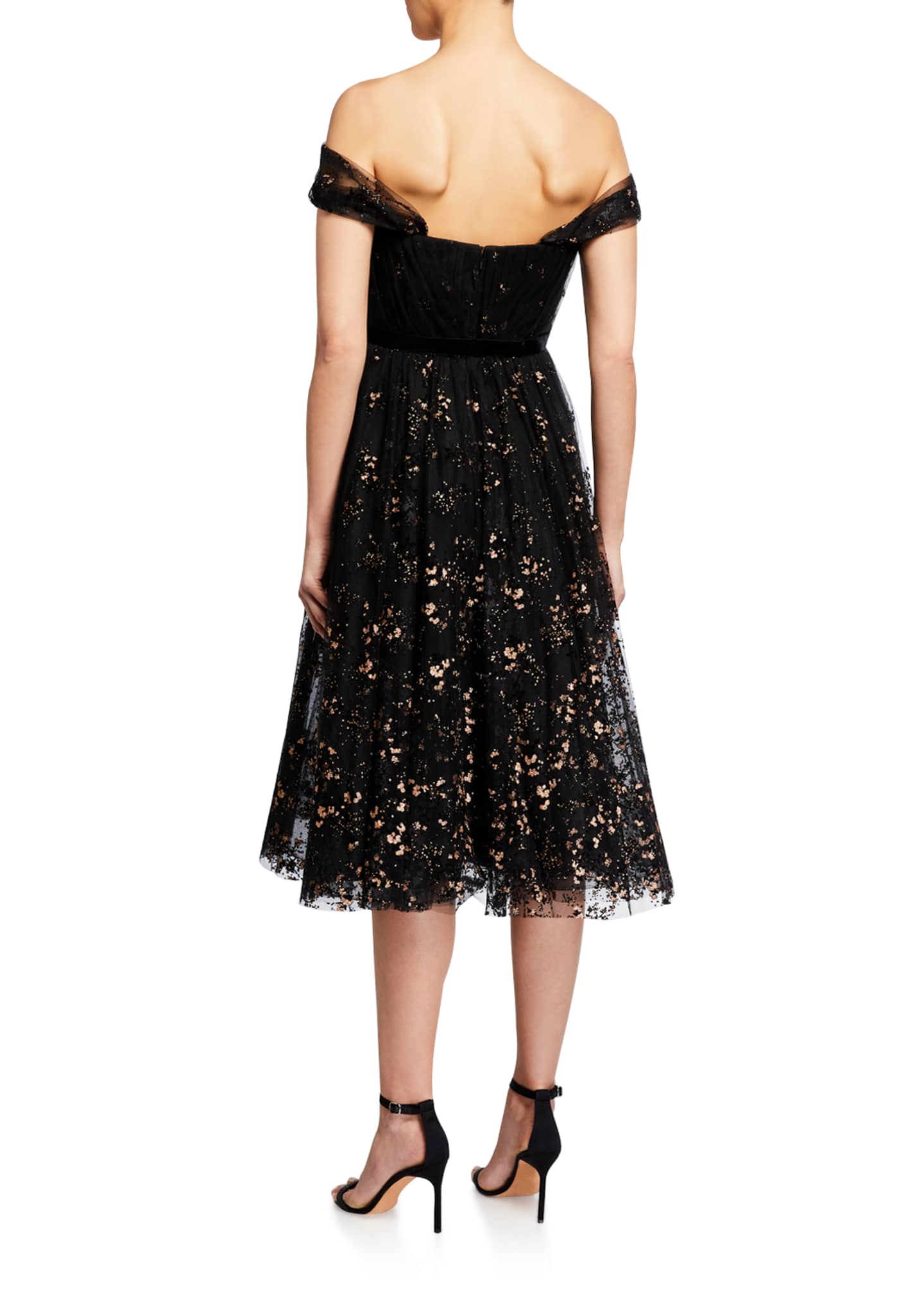 Marchesa Notte Off The Shoulder Flocked Glitter Tulle Midi Dress