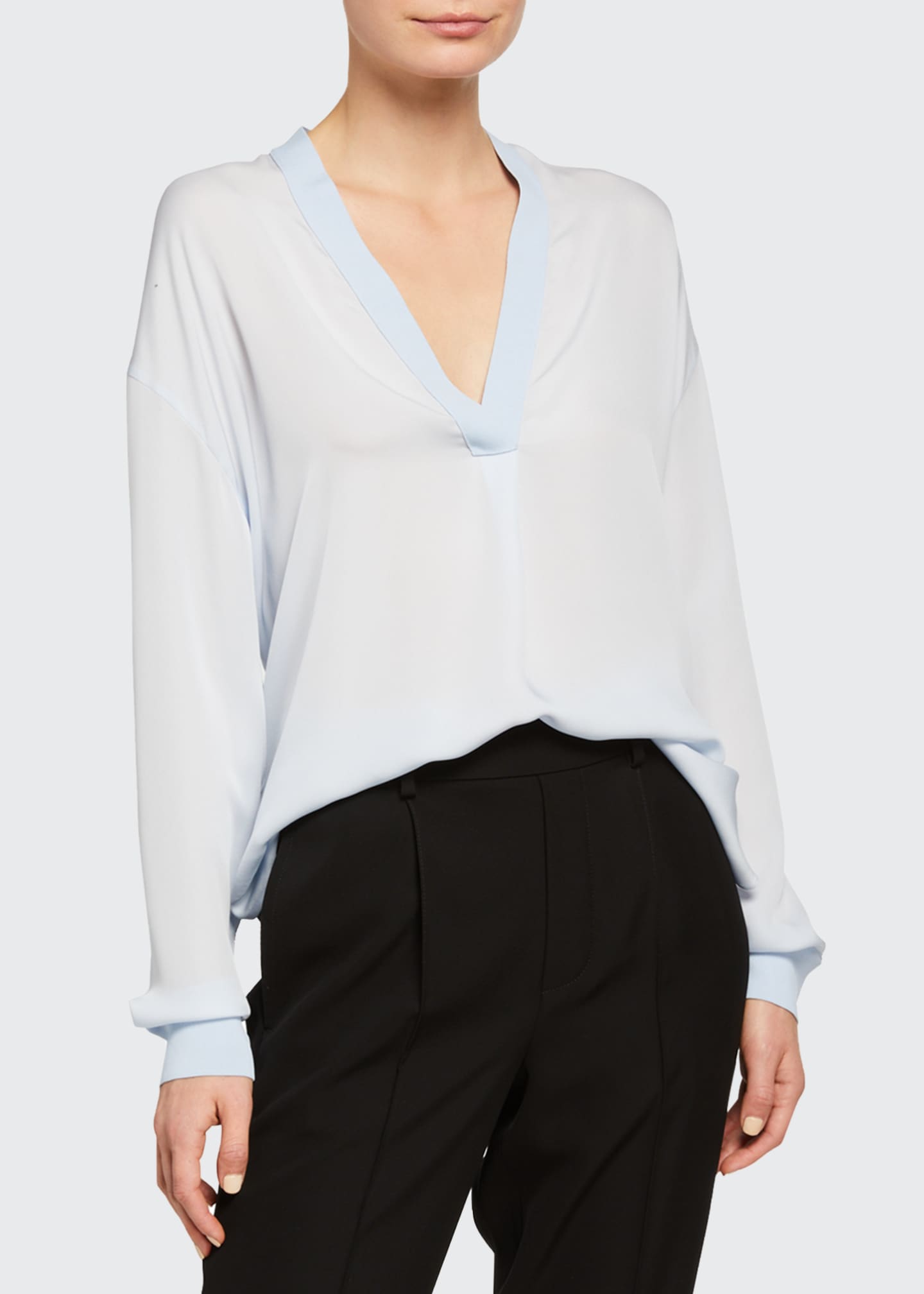 Vince Long-Sleeve Rib Trim V-Neck Top - Bergdorf Goodman