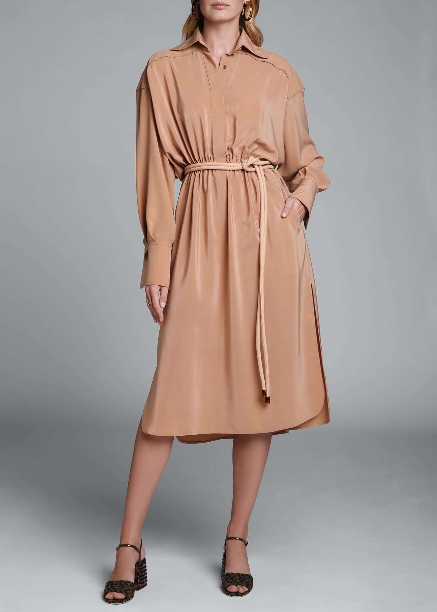 Fendi Long-Sleeve Button-Front Washed Crepe Dress - Bergdorf Goodman