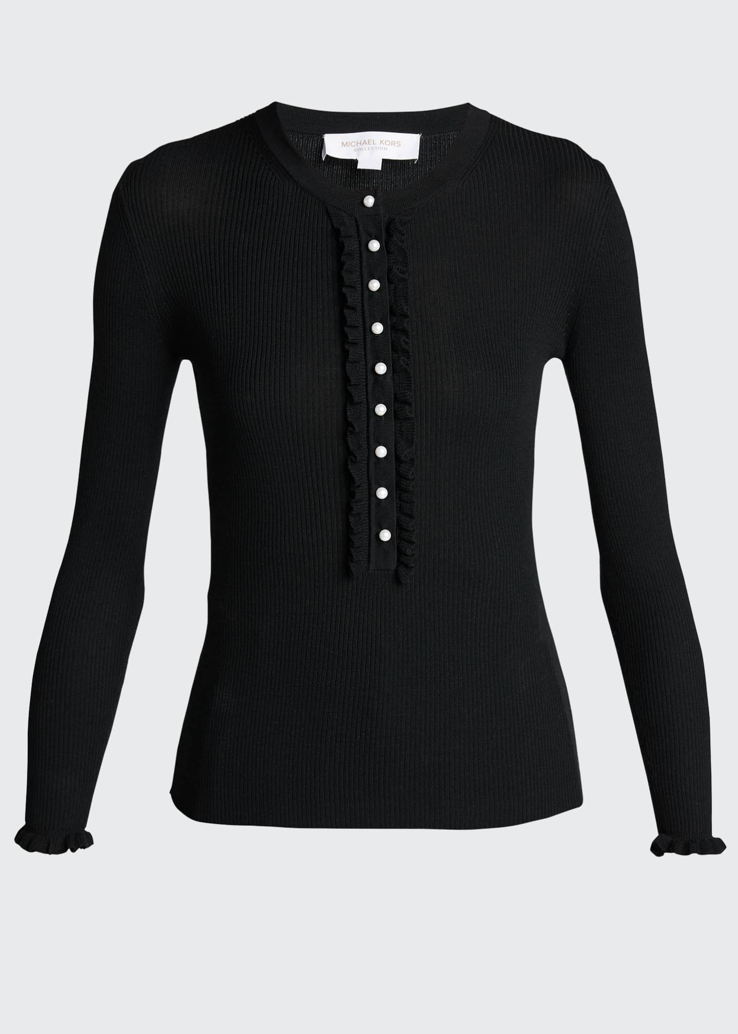 Michael Kors Collection Ruffled Merino Pearly-Button Henley Sweater ...
