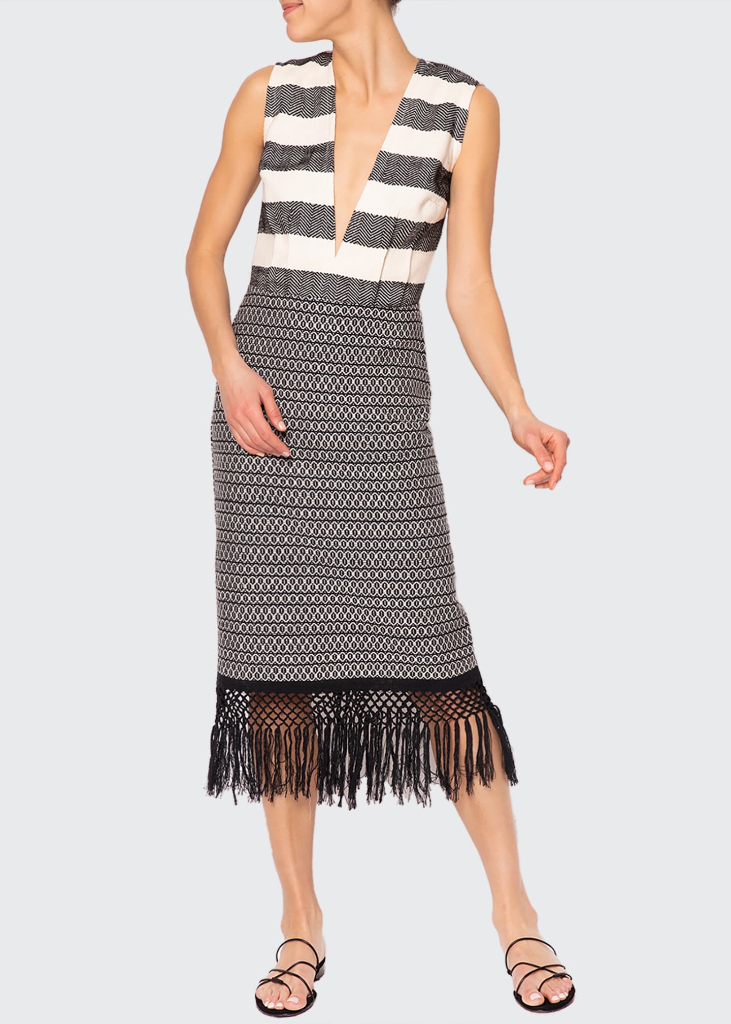 Jaline Yalitza Backless Plunge-Neck Maxi Dress w/ Fringe Skirt ...