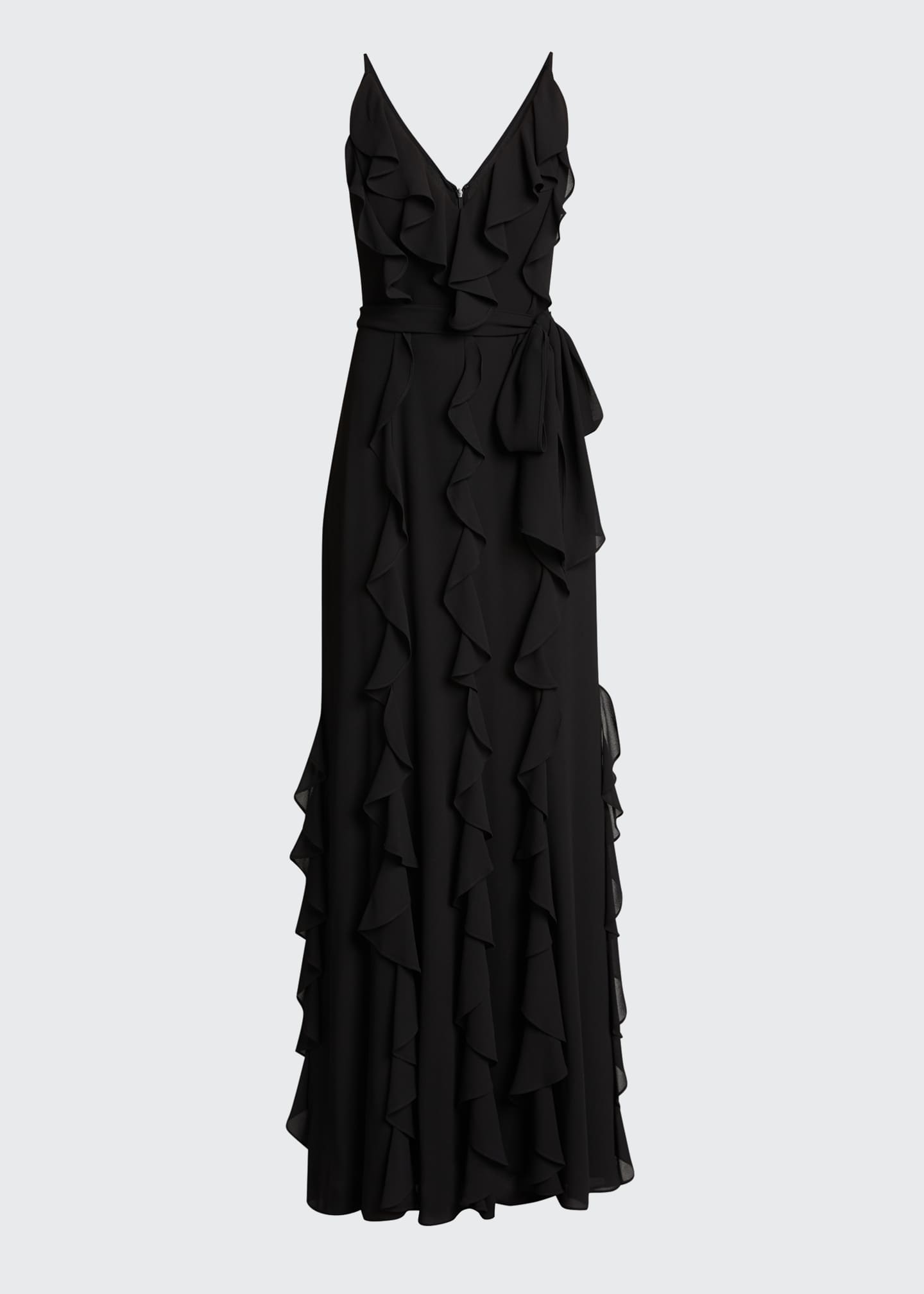 Badgley Mischka Collection V-Neck Sleeveless Cascading Ruffle Column ...