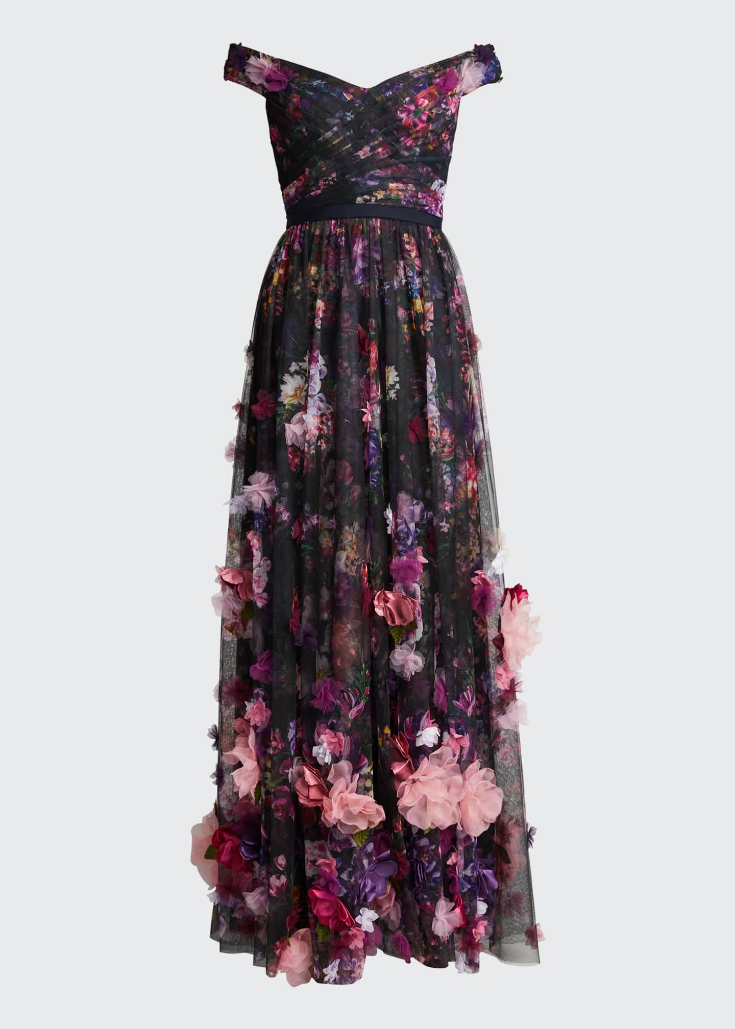 Marchesa Notte Off The Shoulder Printed Tulle Gown With 3d Flowers