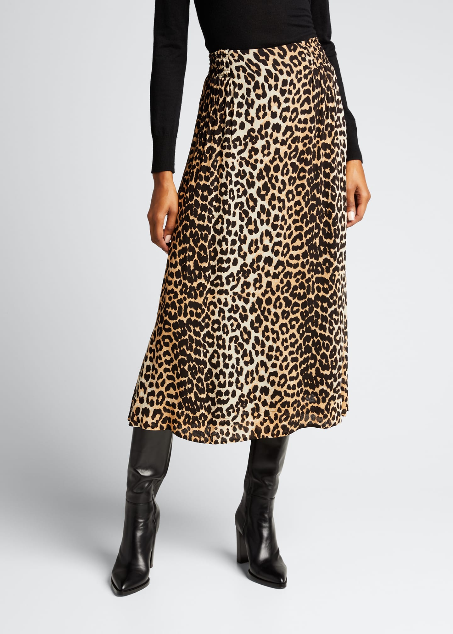 Ganni Leopard Printed Georgette Midi Full Skirt Bergdorf Goodman