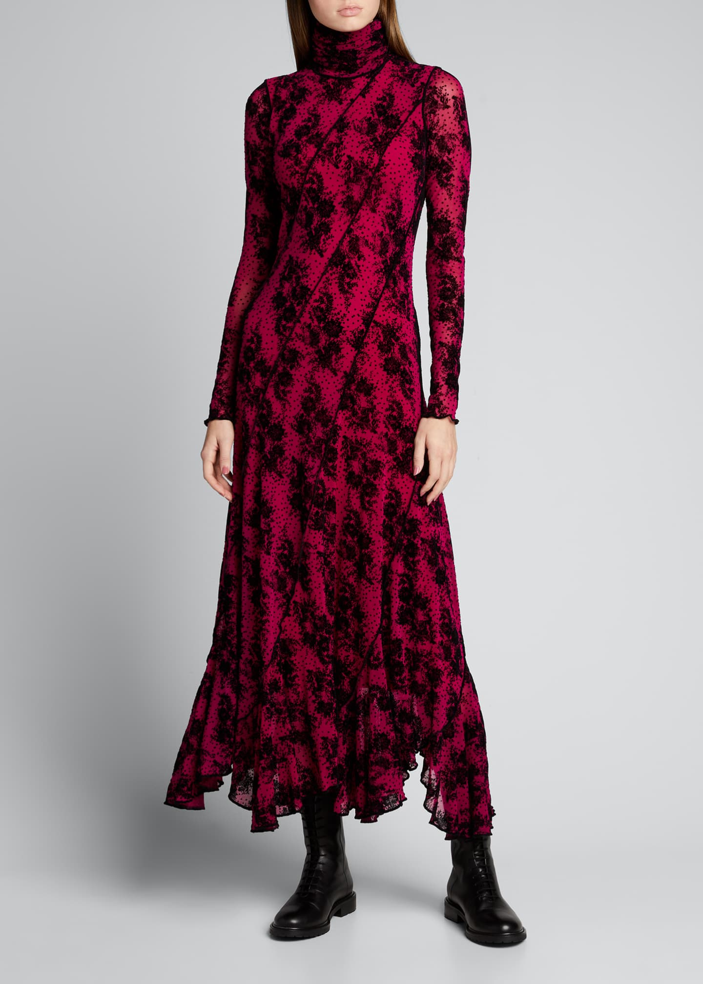 Fuzzi Long-Sleeve Flocked Tulle A-Line Dress - Bergdorf Goodman