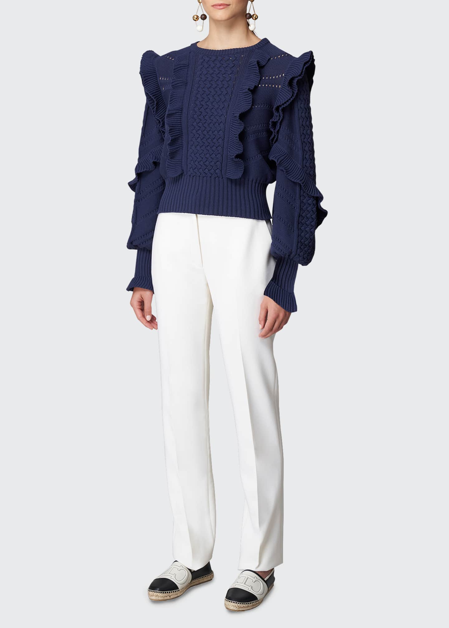 Carolina Herrera Knit Bishop-Sleeve Ruffle Sweater - Bergdorf Goodman