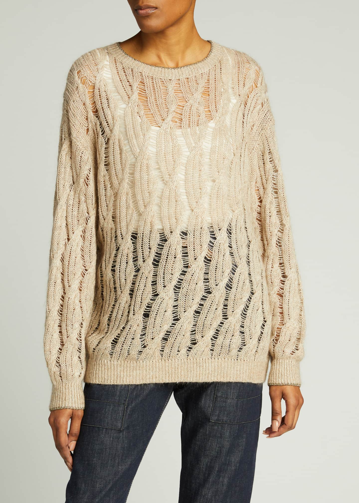 Brunello Cucinelli Metallic Trim Open Cable-Knit Linen-Blend Sweater ...