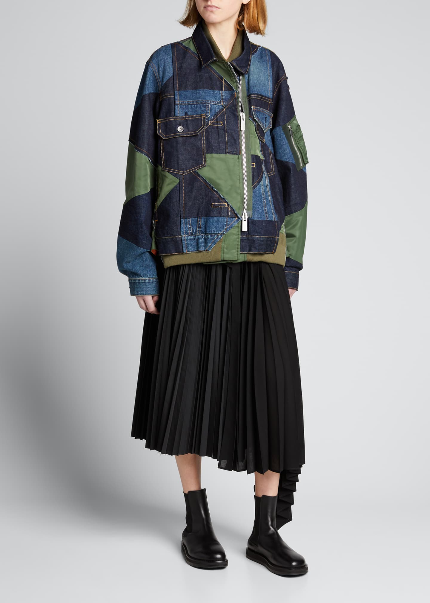 SACAI Mixed-Media Denim Patchwork Bomber Jacket - Bergdorf Goodman