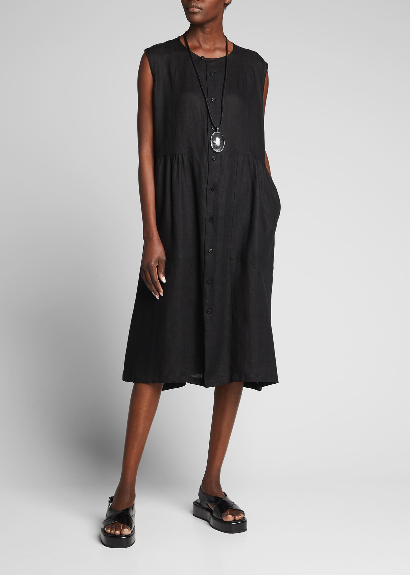 Eskandar Linen Sleeveless Ruched Midi Dress - Bergdorf Goodman