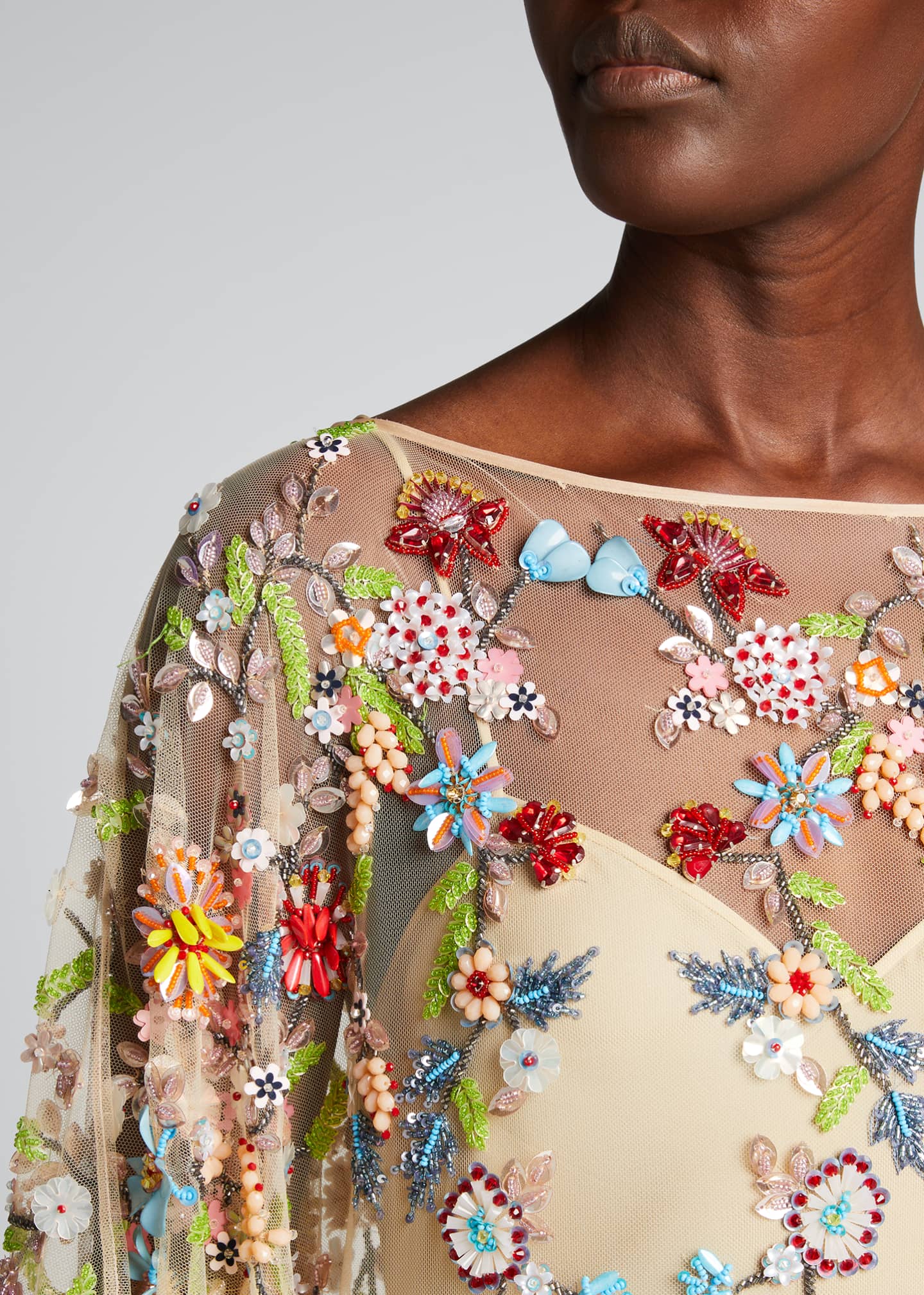 Naeem Khan Multicolored Floral-Beaded Caftan Gown w/ Separate Slip ...